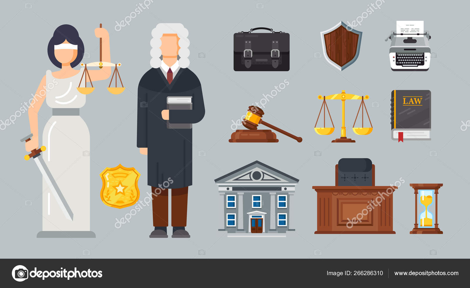 Judicial system. Symbols justice, balance, courthouse, judge, statue of ...