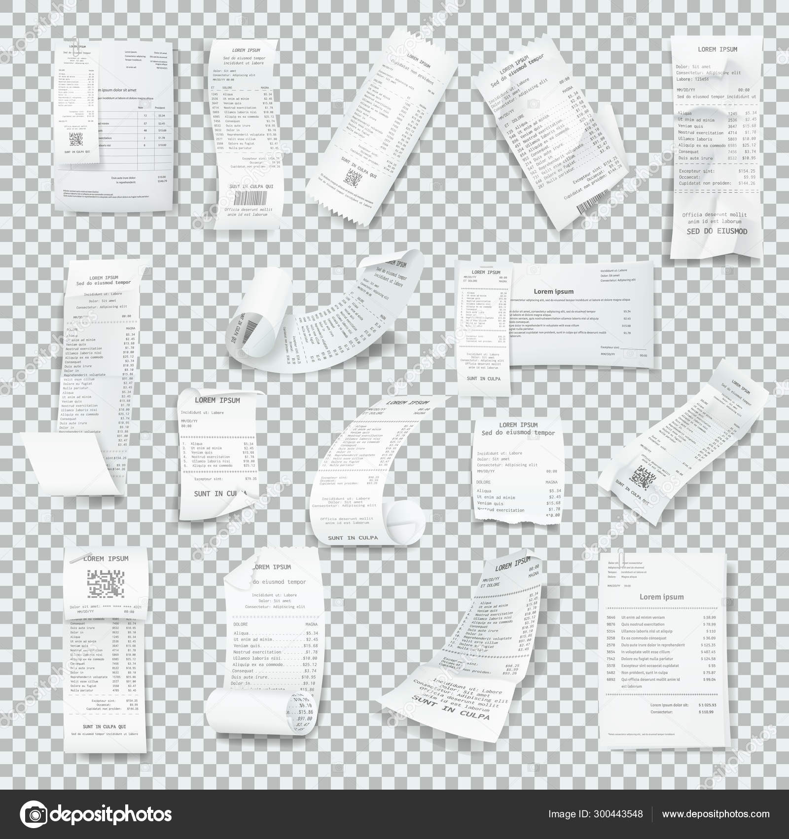 Rumpled realistic receipt set. Paper receipts with payment, Stock ...