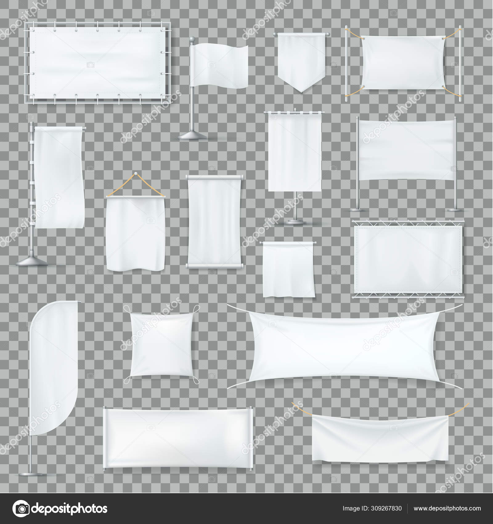 Realistic white textile banners set. Cotton banners, blank flags ...