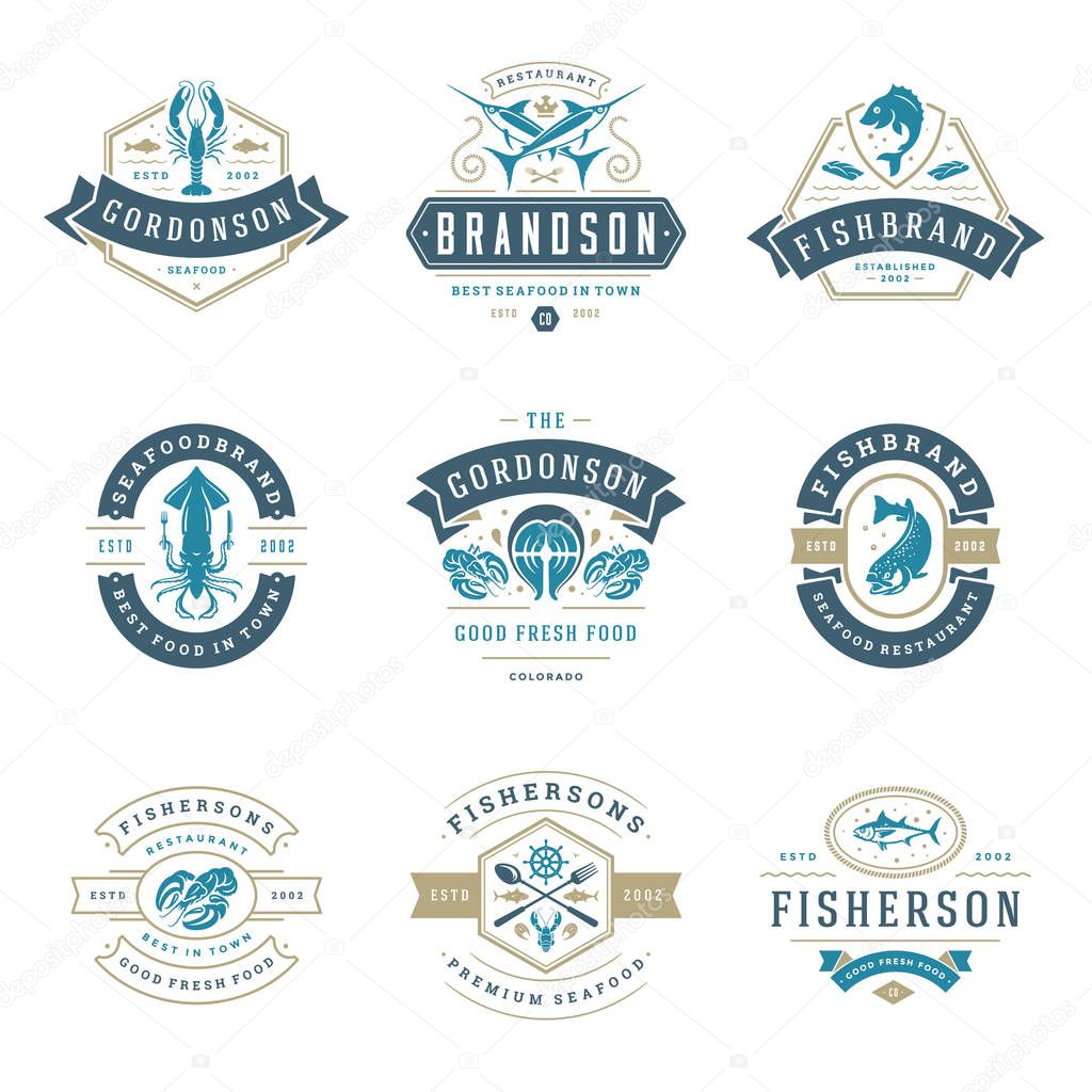 Logotipos de restaurantes de mariscos set vector ilustración. Emblemas ...