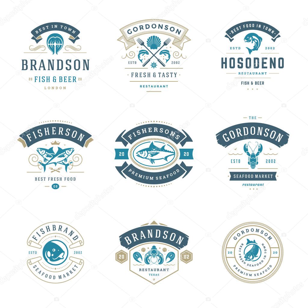 Logotipos de restaurantes de mariscos set vector ilustración. Emblemas ...
