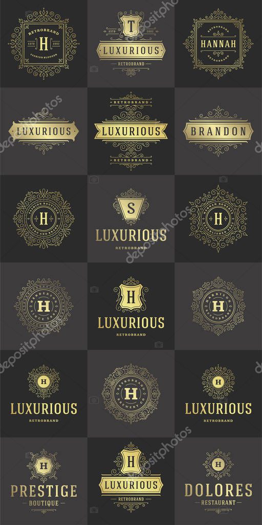 Logotipos de lujo plantillas conjunto, florece caligrafía elegantes ...