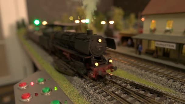 Close up mini freight train moving on mini railroad. — Stock Video ...