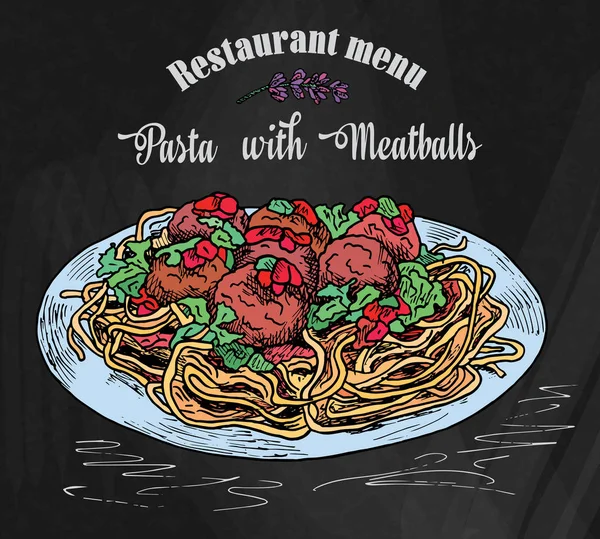 Beautiful hand drawing pasta with meatballs with tomato sauce ...