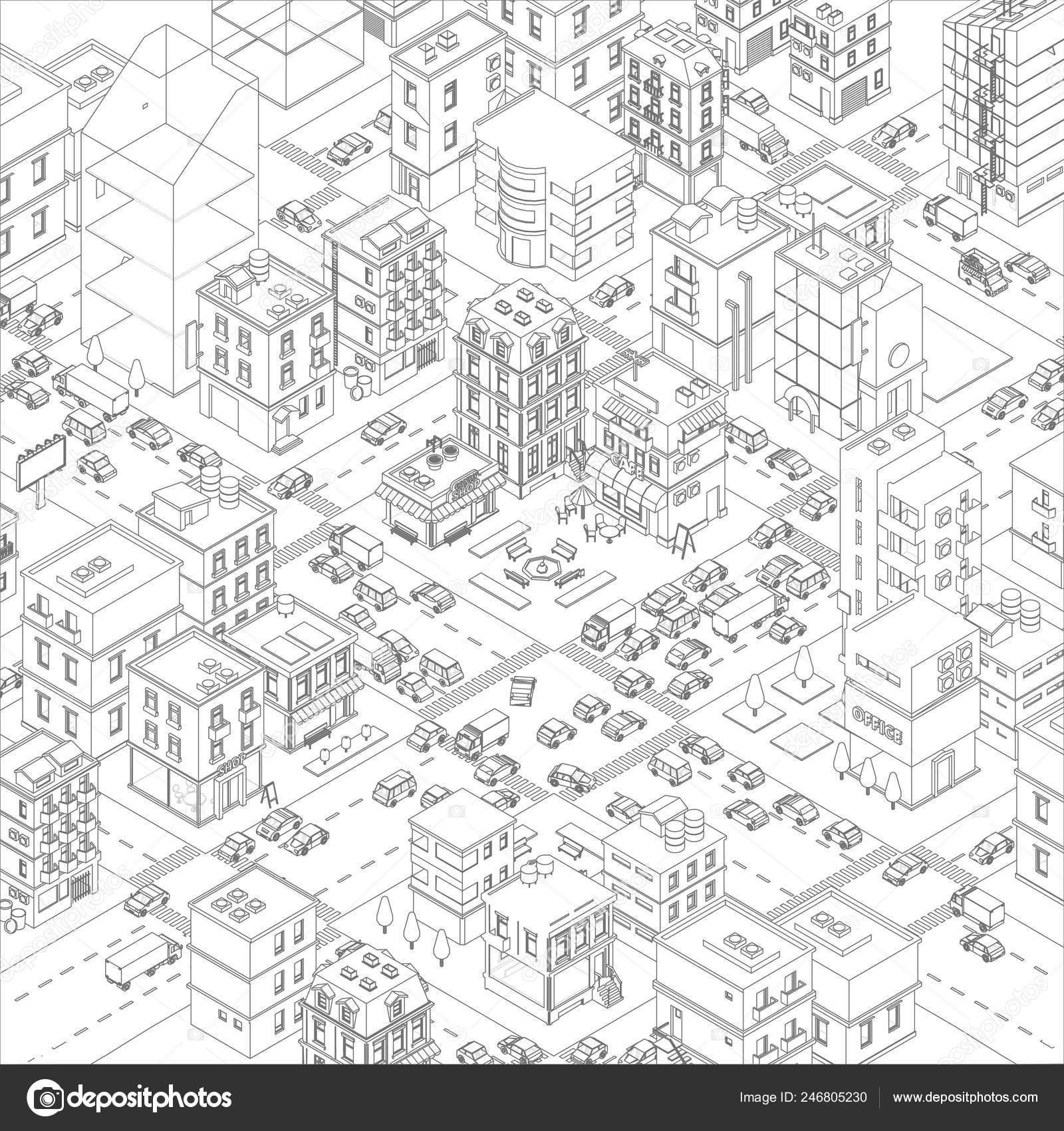 Vector town city streets Intersection outline. Cartoon buildings and ...