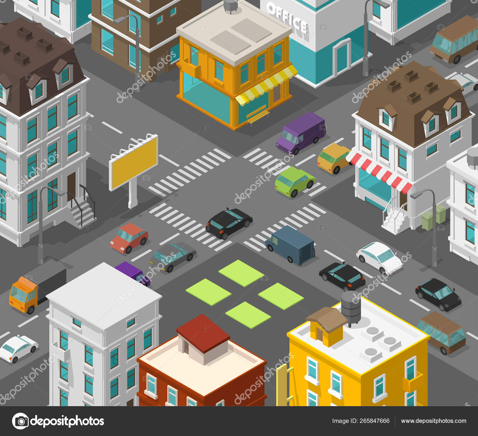 Isometric city. Town district street. Advertising billboard on the road ...