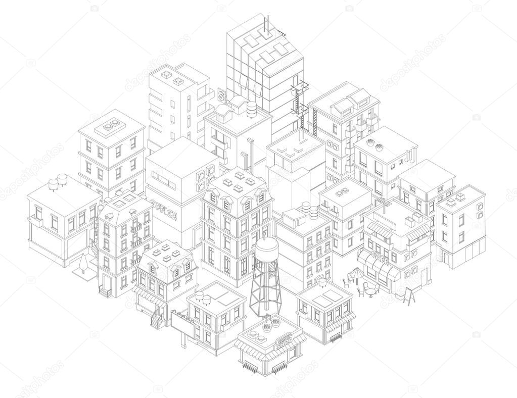 Calle de la ciudad Intersecci n carretera. Edificios Isom trico vista superior. L neas grises ...