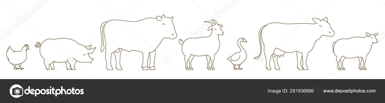 Farm Animal line set. Husbandry production. Cow and bull, duck and ...