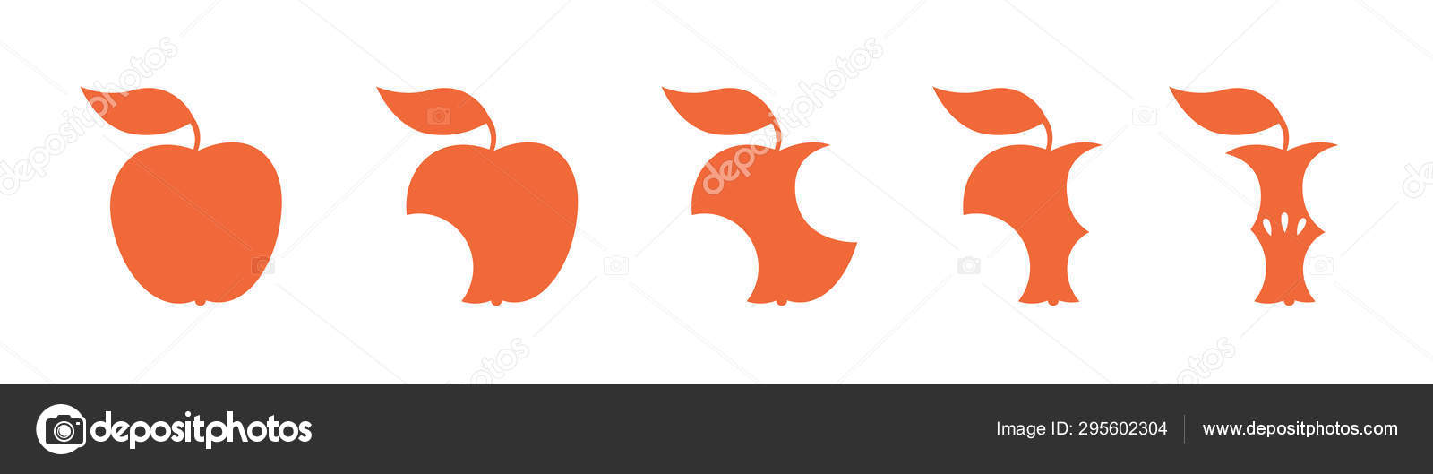 Red apple fruit bite stage set. From whole to apple core. Bitten and ...