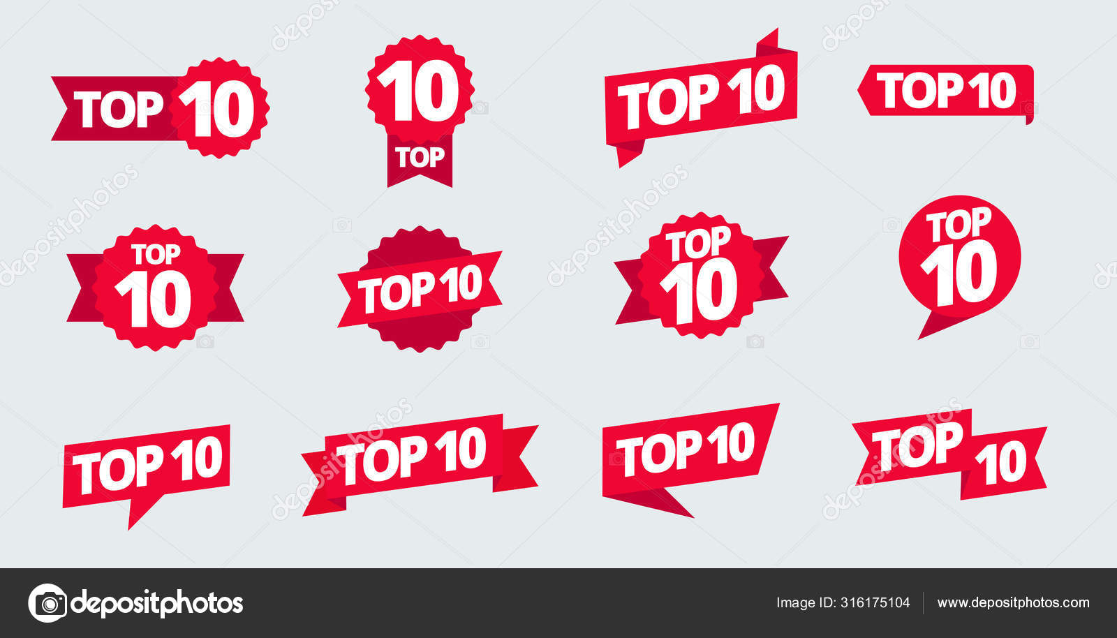 Top 10 heading title set. Best ten list. Word on ribbon. Winner tape ...