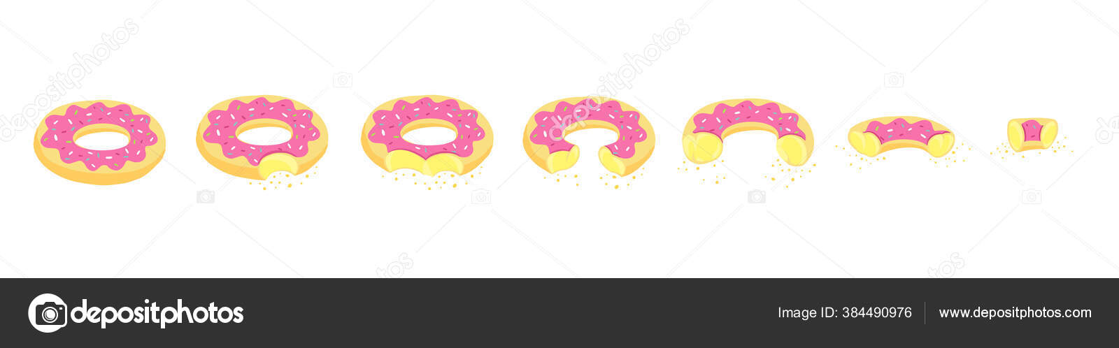 Eating stages a donut. Bit size off a piece. Pink cream. Dessert scale ...