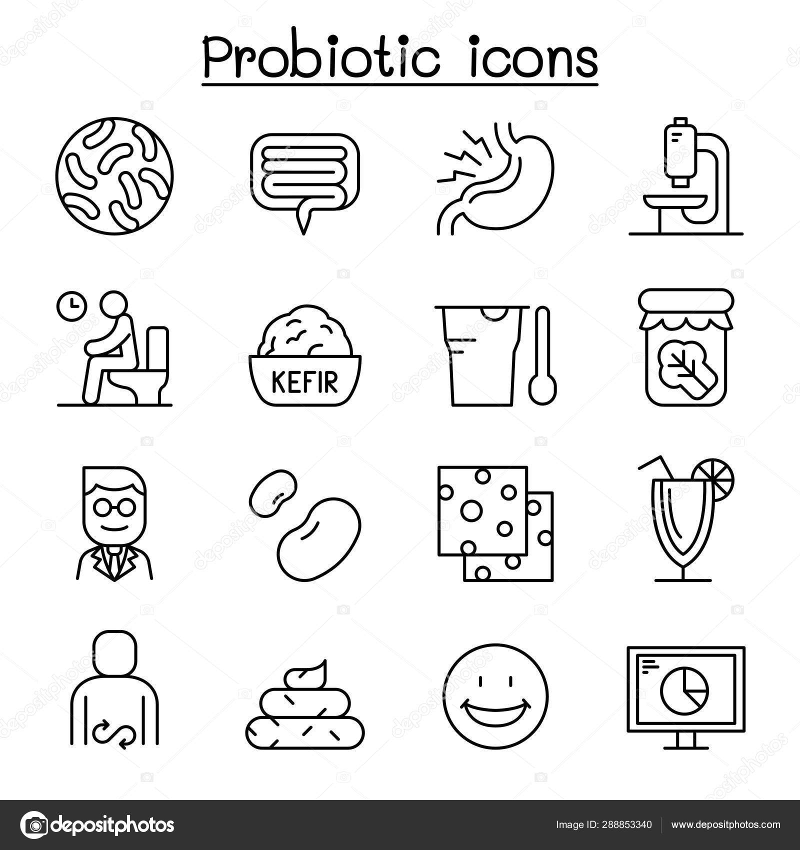 Probiotics Bacteria Icon Set In Thin Line Style — Stock Vector