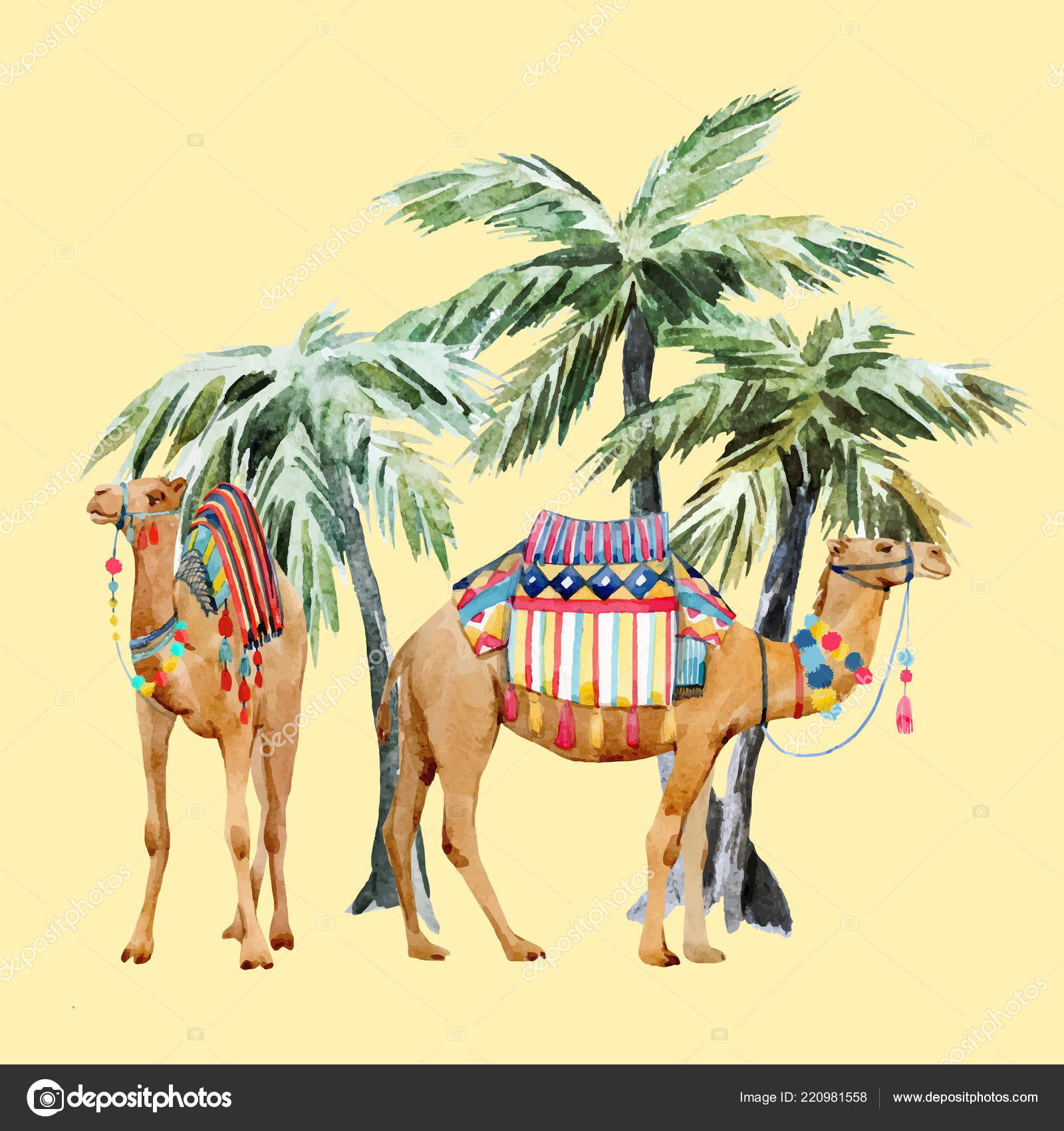 Watercolor camel and palm vector composition Stock Vector Image by ...