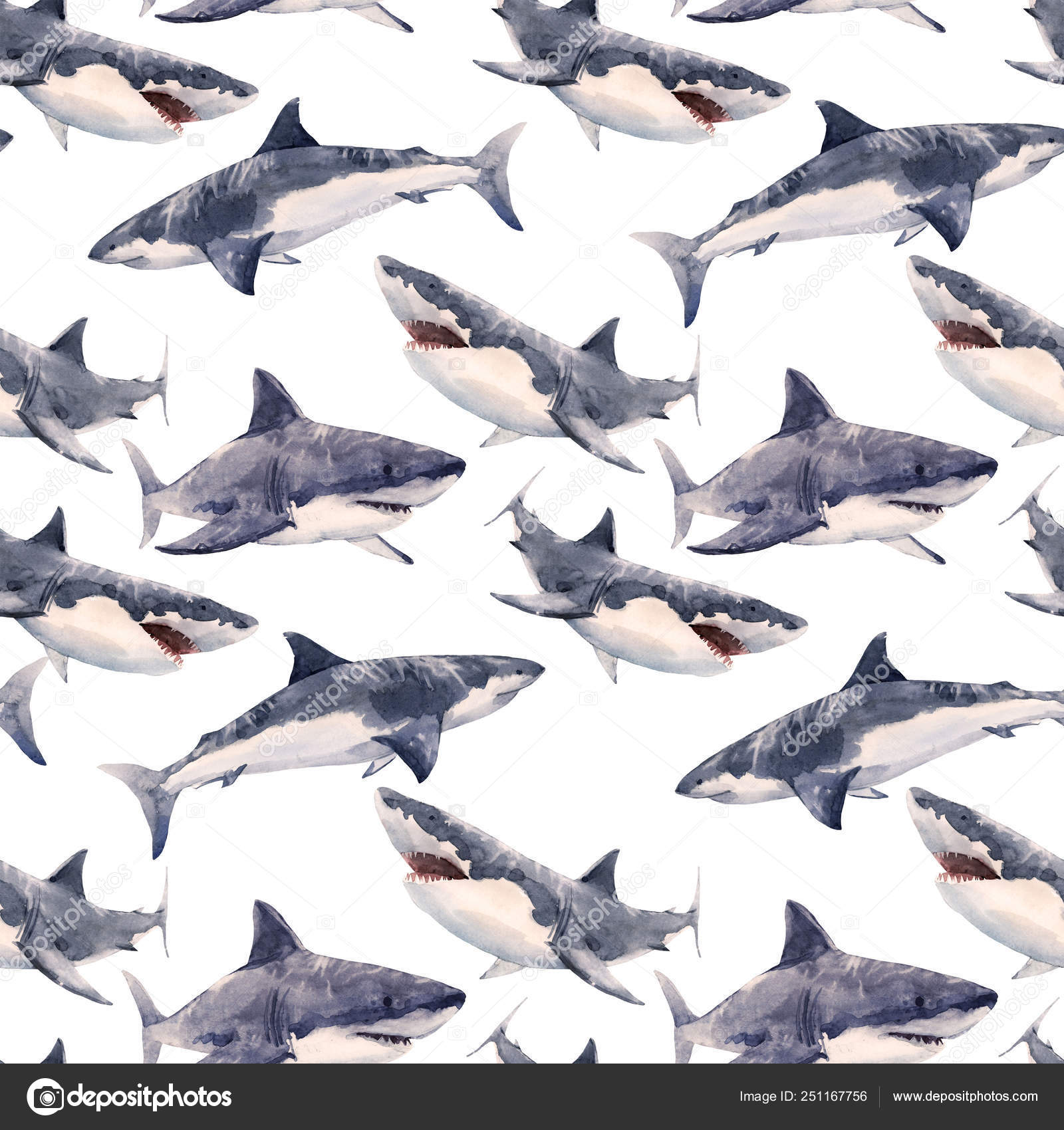 Watercolor shark pattern ⬇ Stock Photo, Image by © ZeninaAsya #251167756