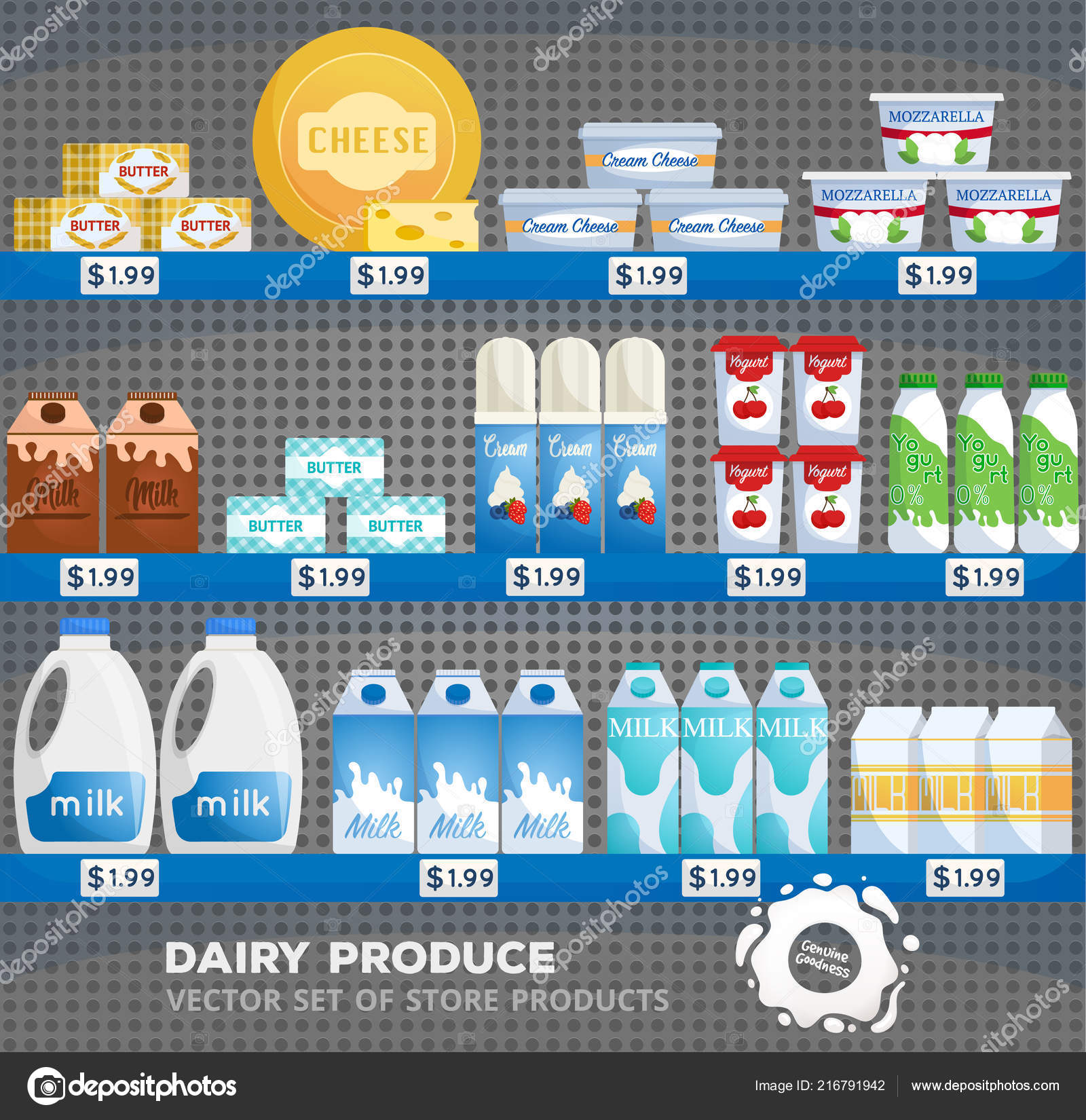 Dairy products. Supermarket store interior with goods. Milk and yogurt ...