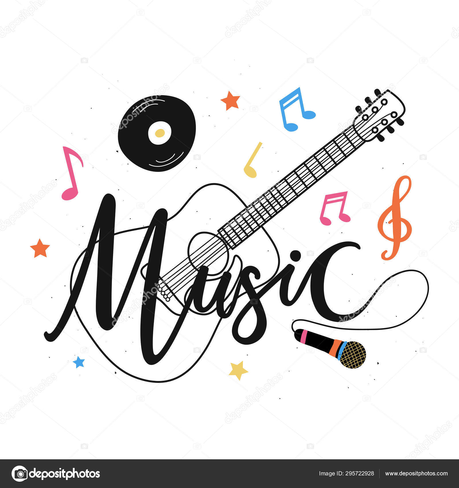 Isolated on white vector illustration with acoustic guitar microphone notes plate and stars and calligraphy word Music. Stock Vector by julymilks 295722928