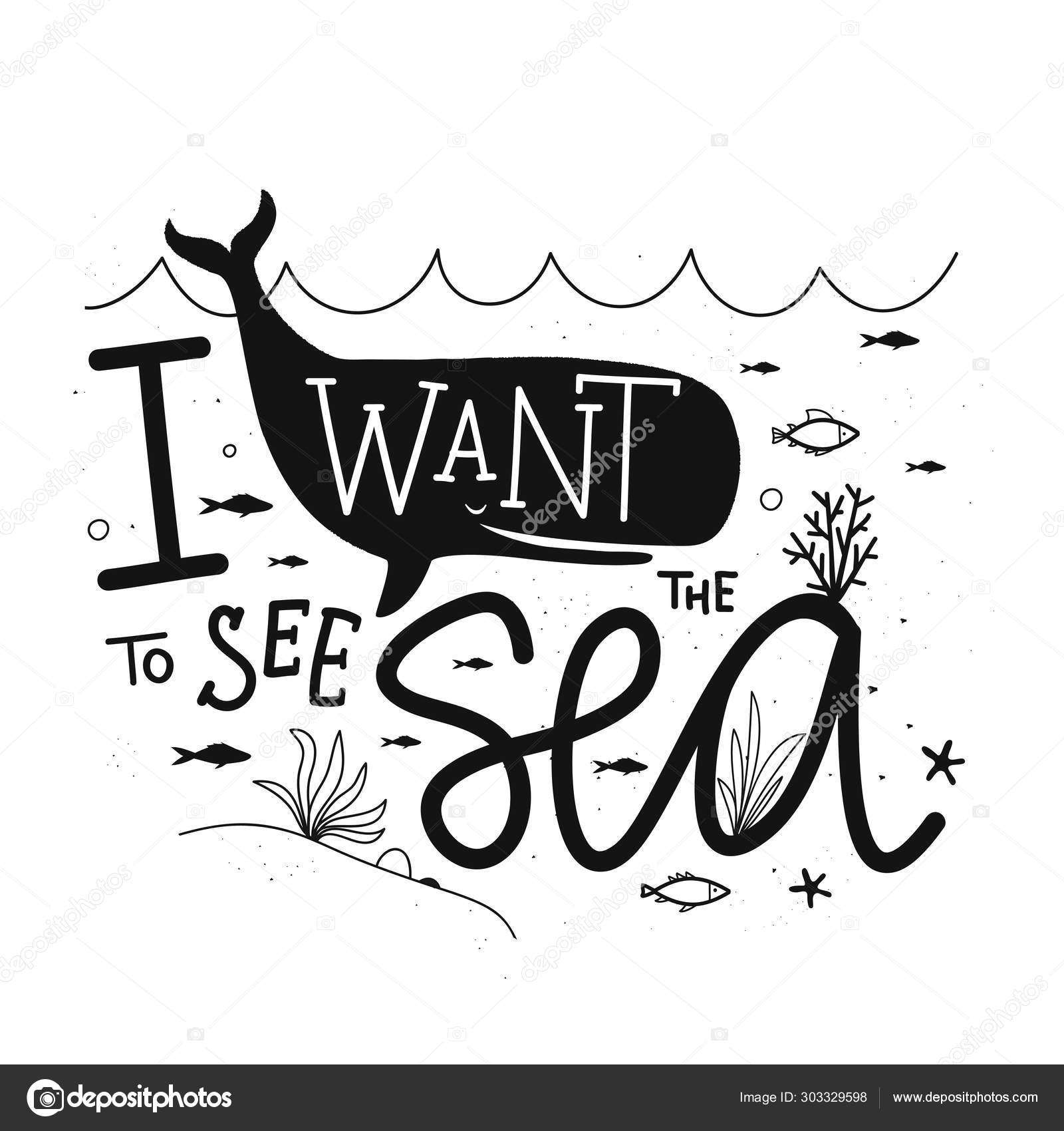 Want See Sea Lettering Typography Poster Vector Illustration Fish Whale ...