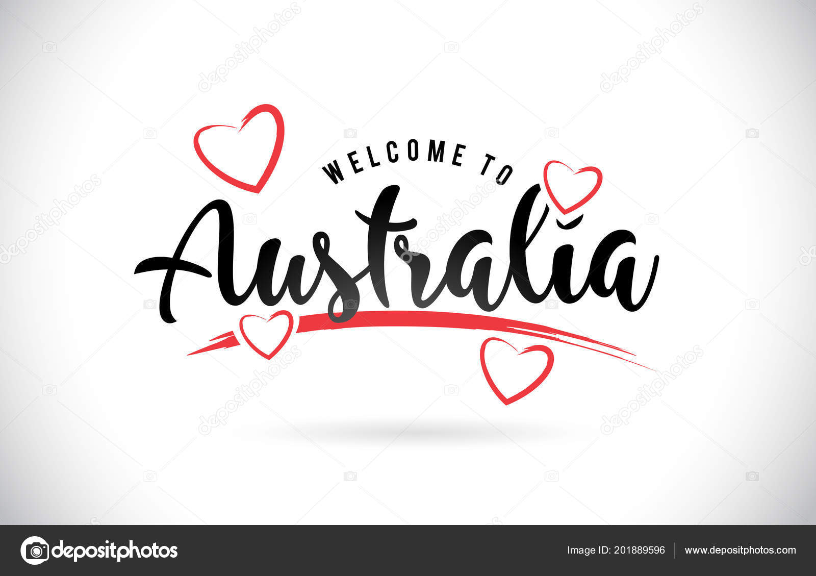 Australia Welcome Word Text Handwritten Font Red Love Hearts Vector ...