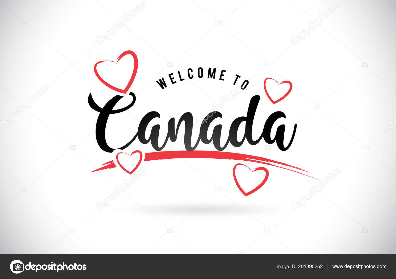 Canada Welcome Word Text Handwritten Font Red Love Hearts Vector Stock ...