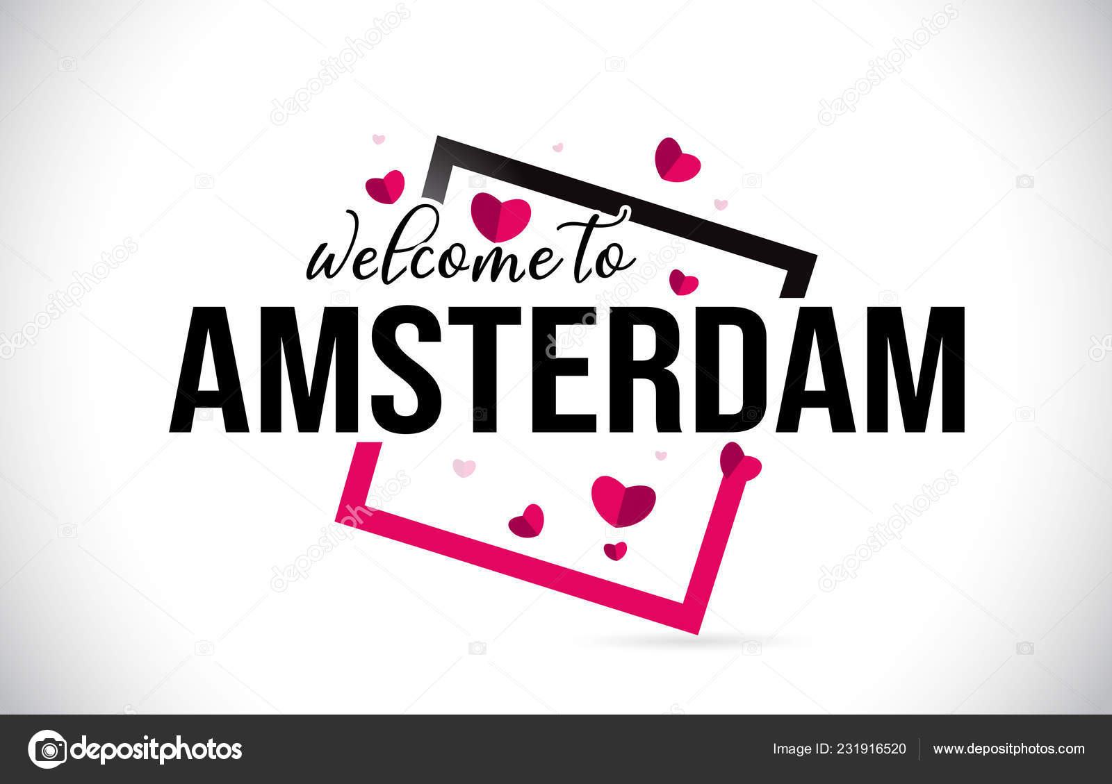 Amsterdam Welcome Word Text Handwritten Font Red Hearts Square Design ...