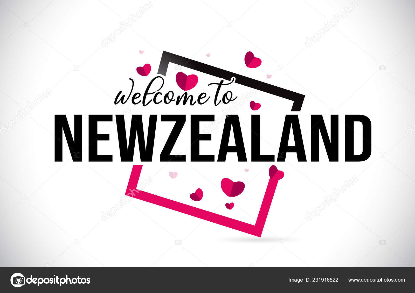 Newzealand Welcome Word Text Handwritten Font Red Hearts Square Design ...