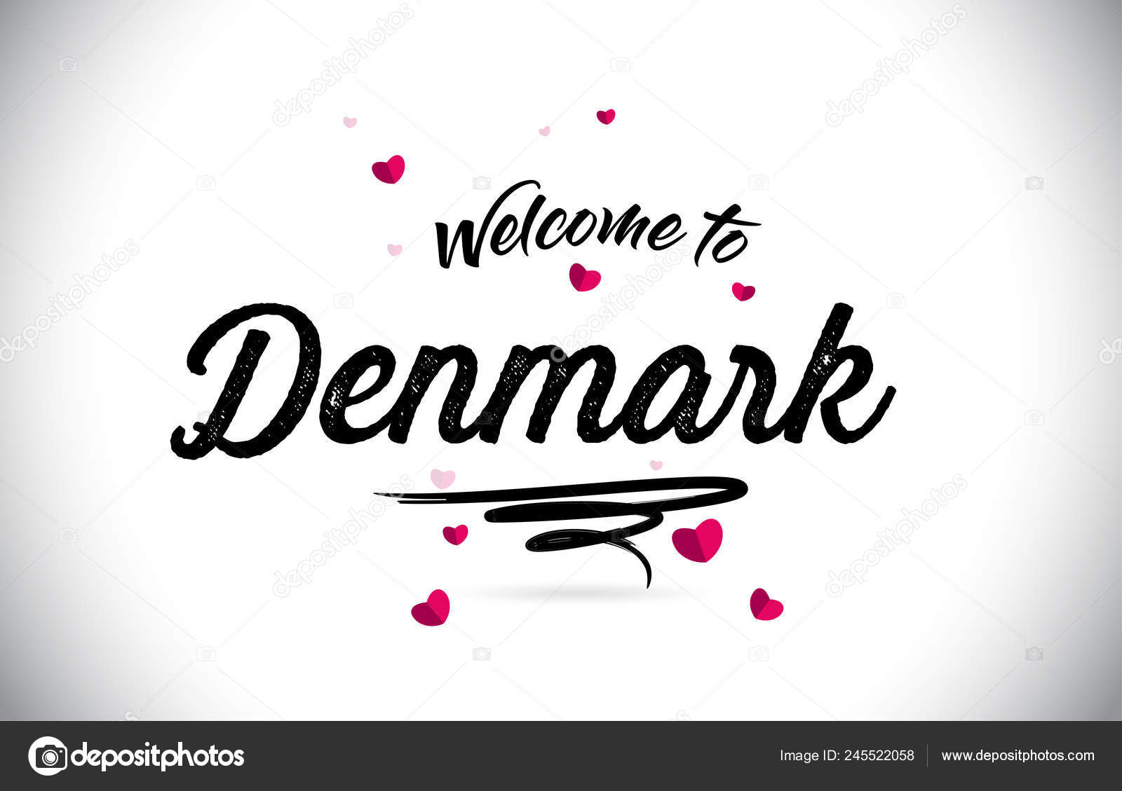 Denmark Welcome Word Text Handwritten Font Pink Heart Shape Design ...