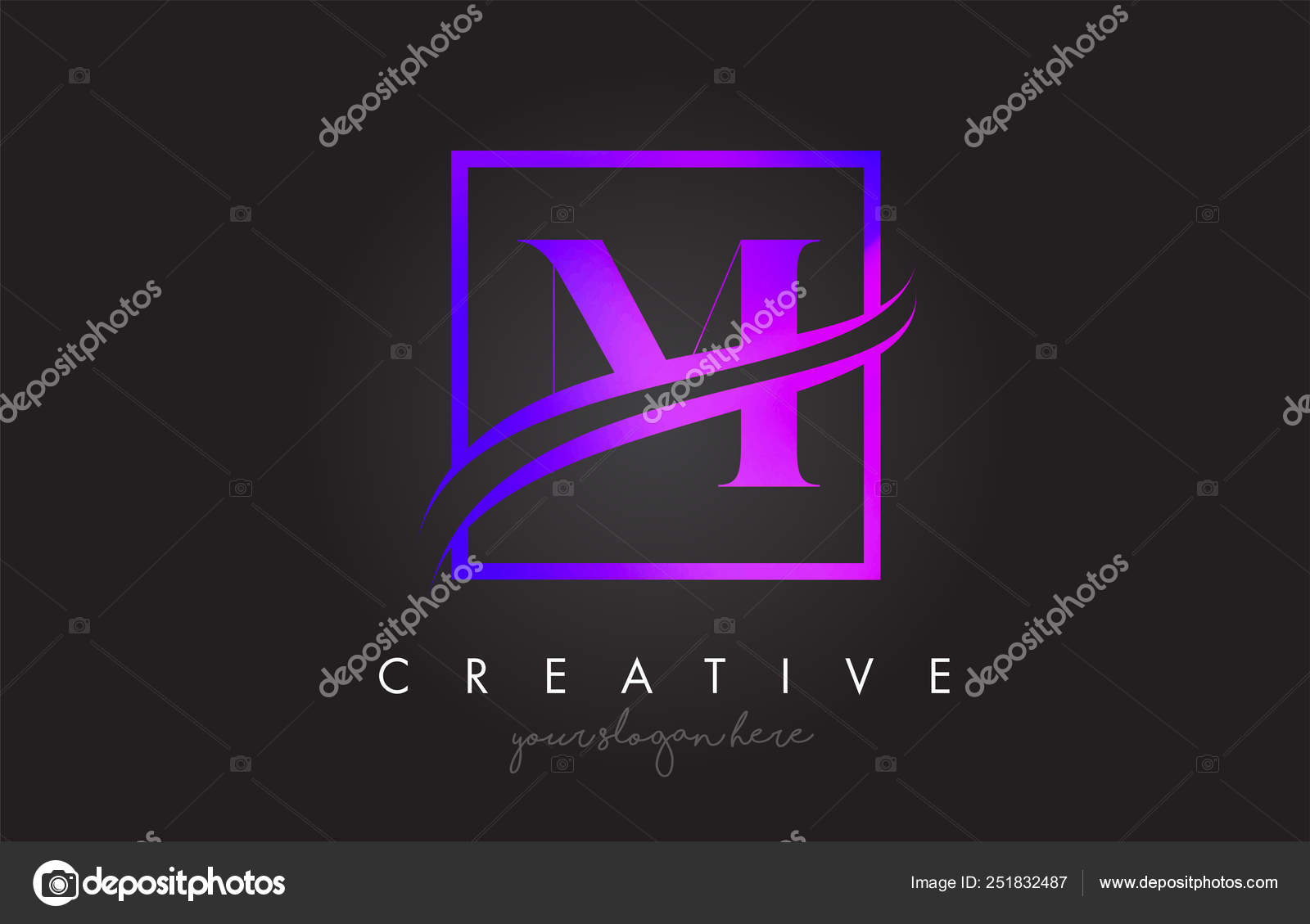 M Purple Violet Letter Logo Design with Square Swoosh Border and Stock ...