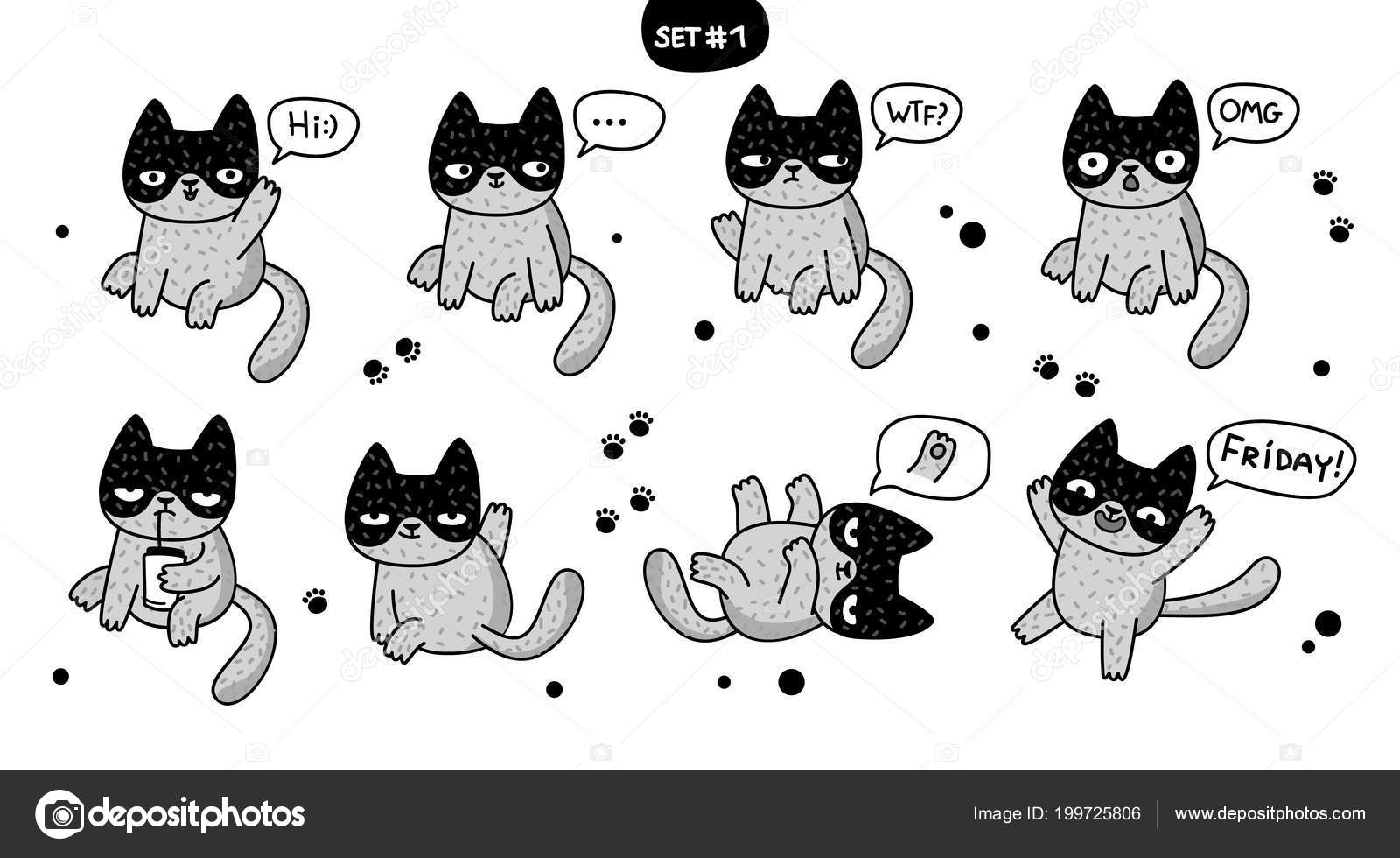Cute Cartoon Cats Different Emotions Sticker Collection Vector Set ...