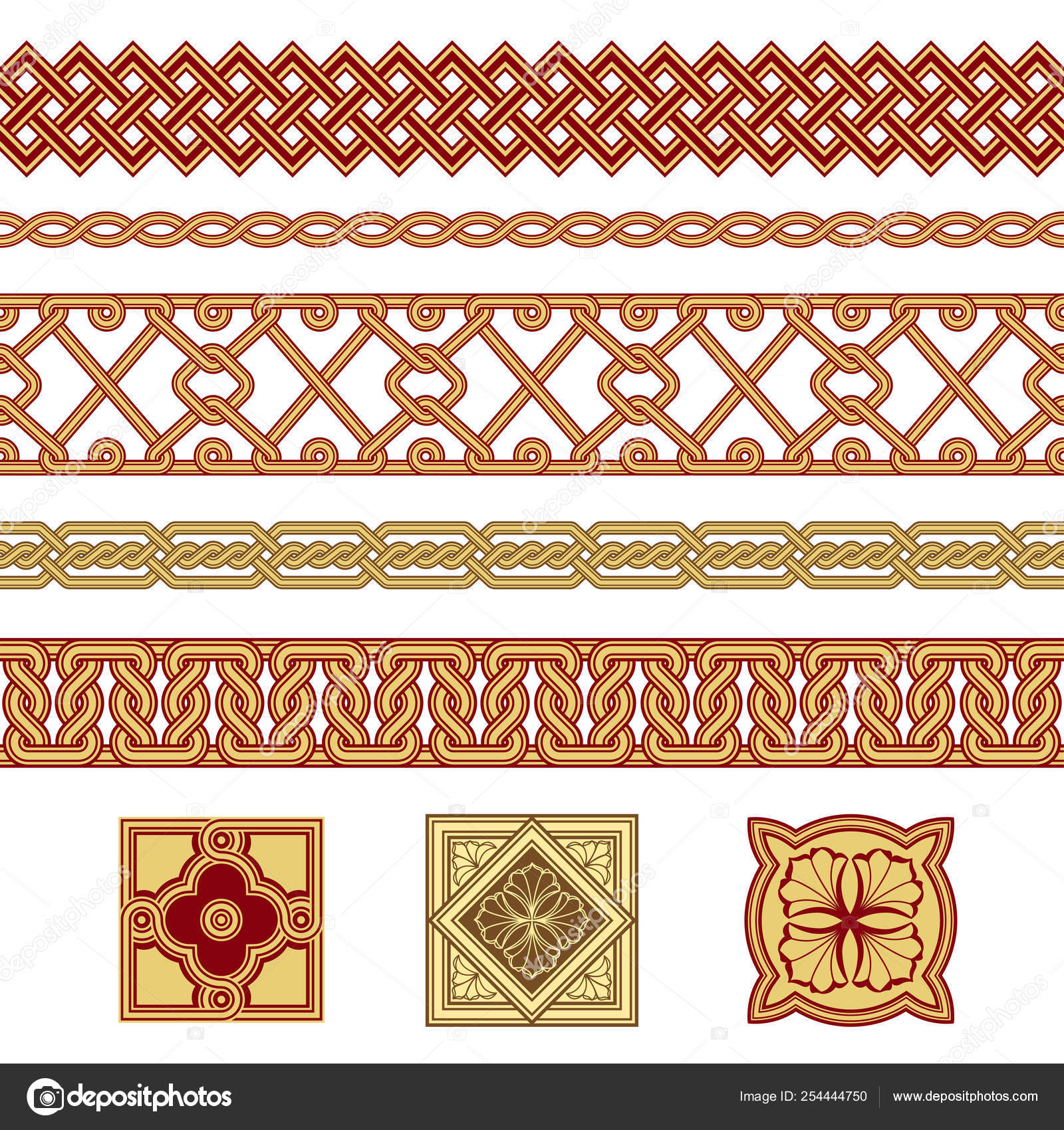 Set Seamless Borders Floral Corner Elements Interlaced Lines Based ...