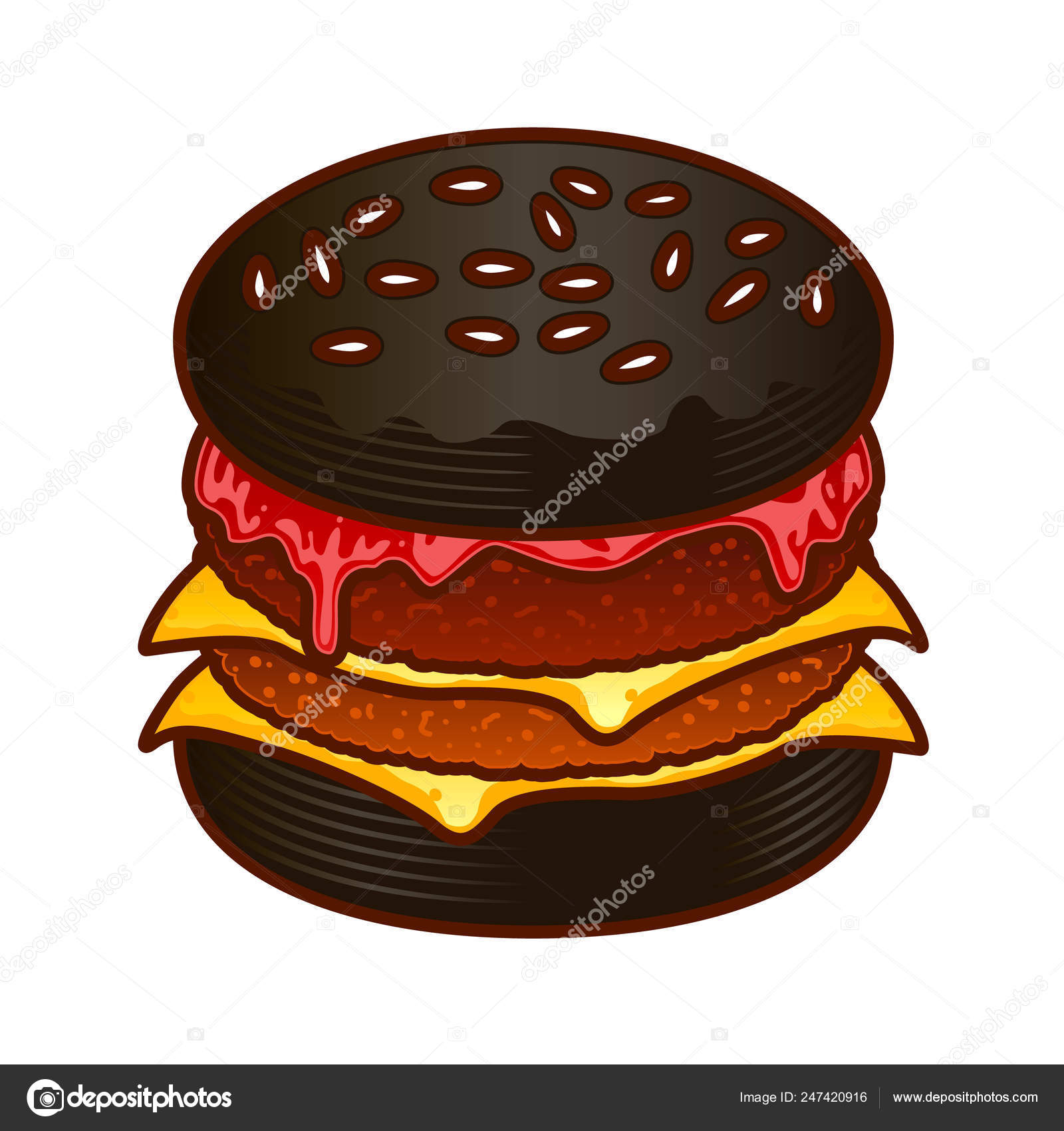 Black Burger food icon. Cartoon hand draw illustration of burger for ...