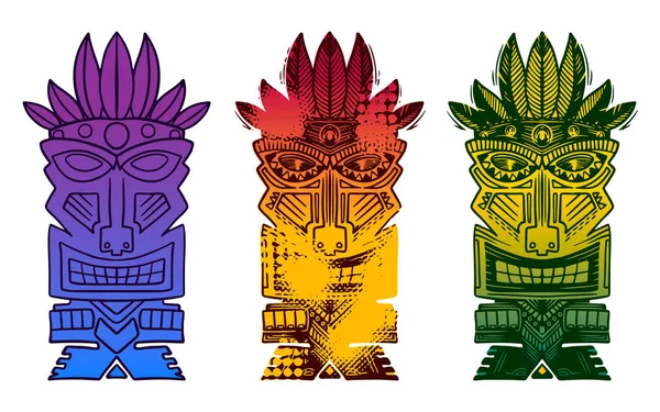 Tiki Statue Pole Totem Vector Design Traditional Decor Set Polynesia ...