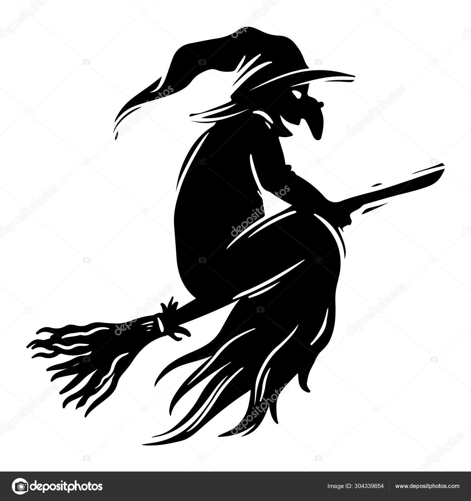 Silueta De Bruja Voladora Siluetas De Bruja En Escoba Y Luna . Vector