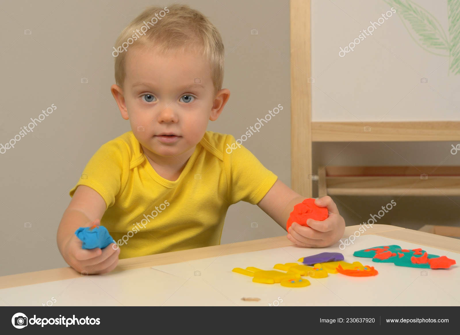 Two Years Old Preschool Child Making Figures Modeling Clay Compound ...