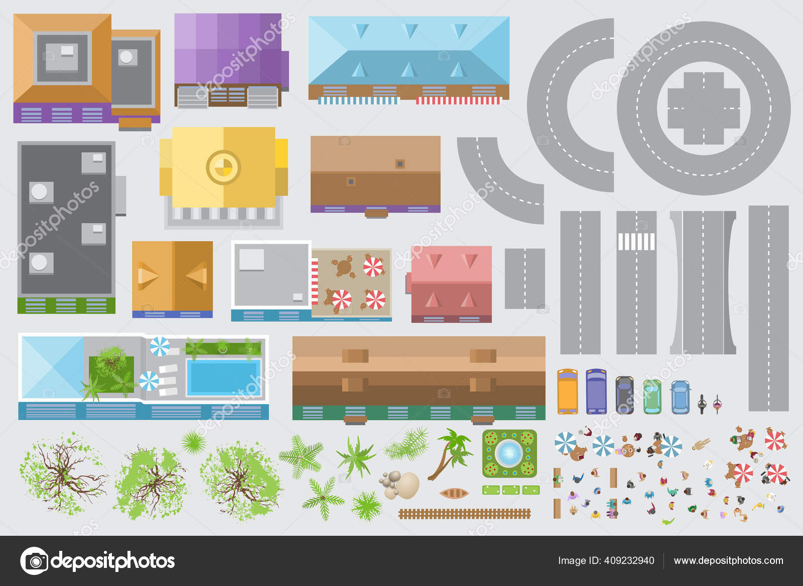 City Elements Objects Map View Set Houses Buildings Roads Cars Stock ...