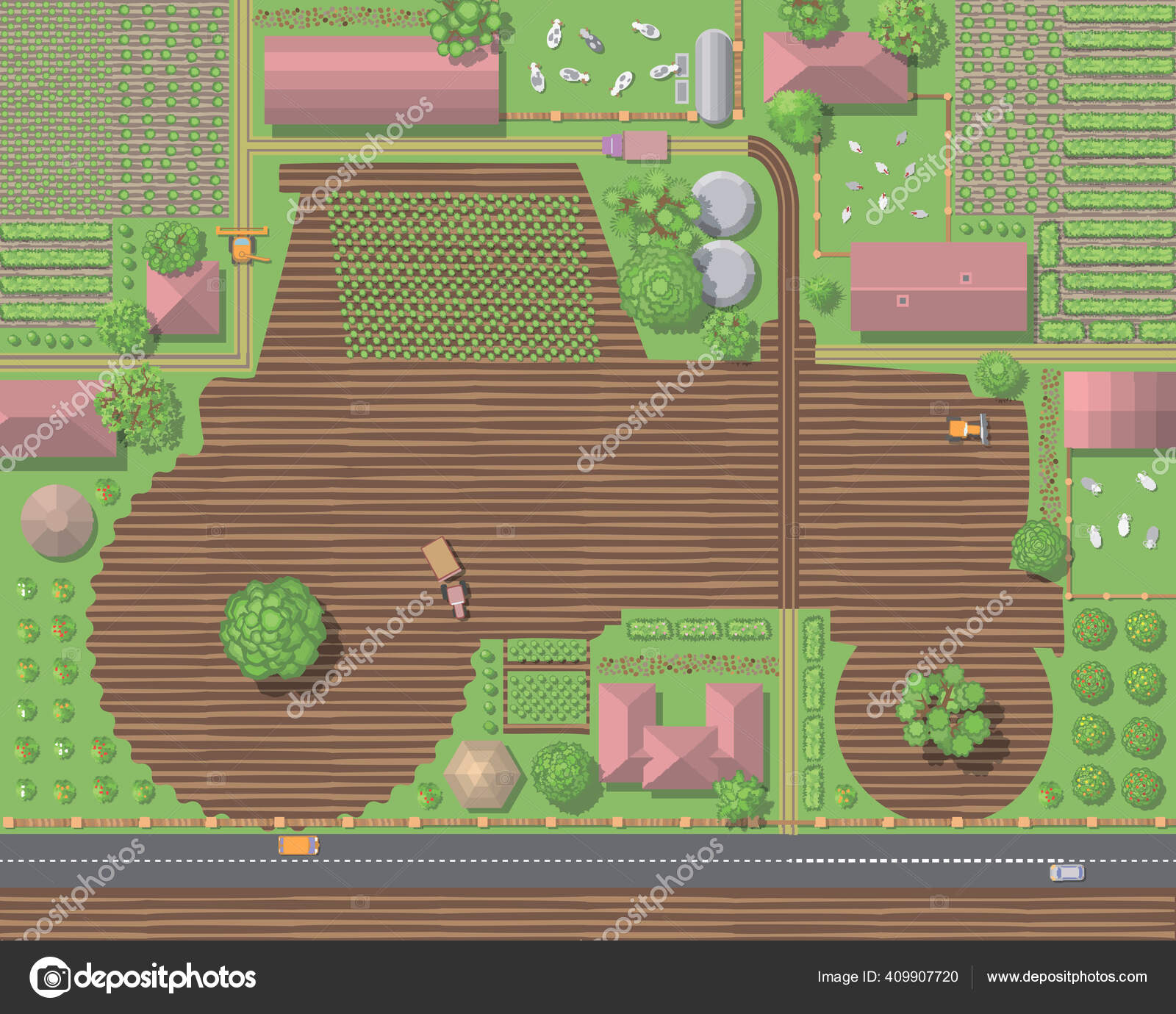 Farm Top View Village Houses Buildings Fields View Field Shape Stock ...