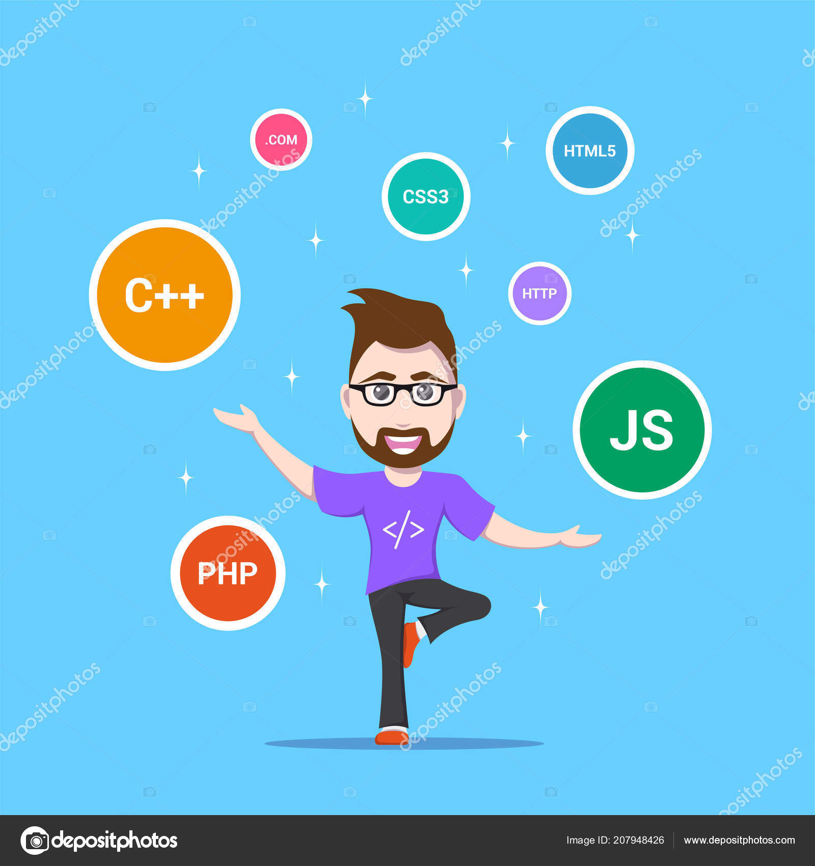Picture Smart Programmer Man Programming Languages Technologies Signs Flat Style Stock Vector By