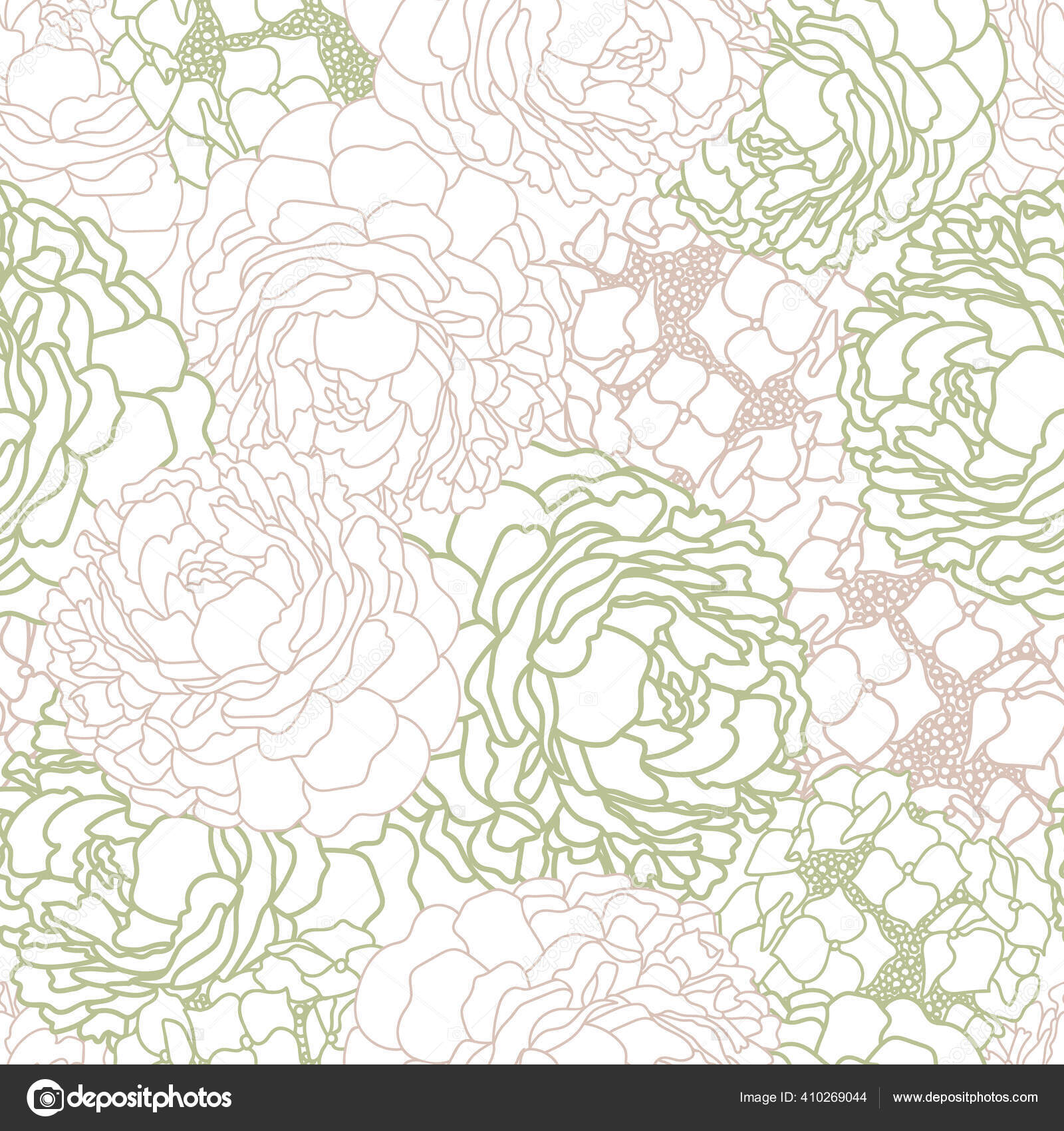 Vector Peony Hydrangea Line Art Repeat Pattern Background Great Fabric ...