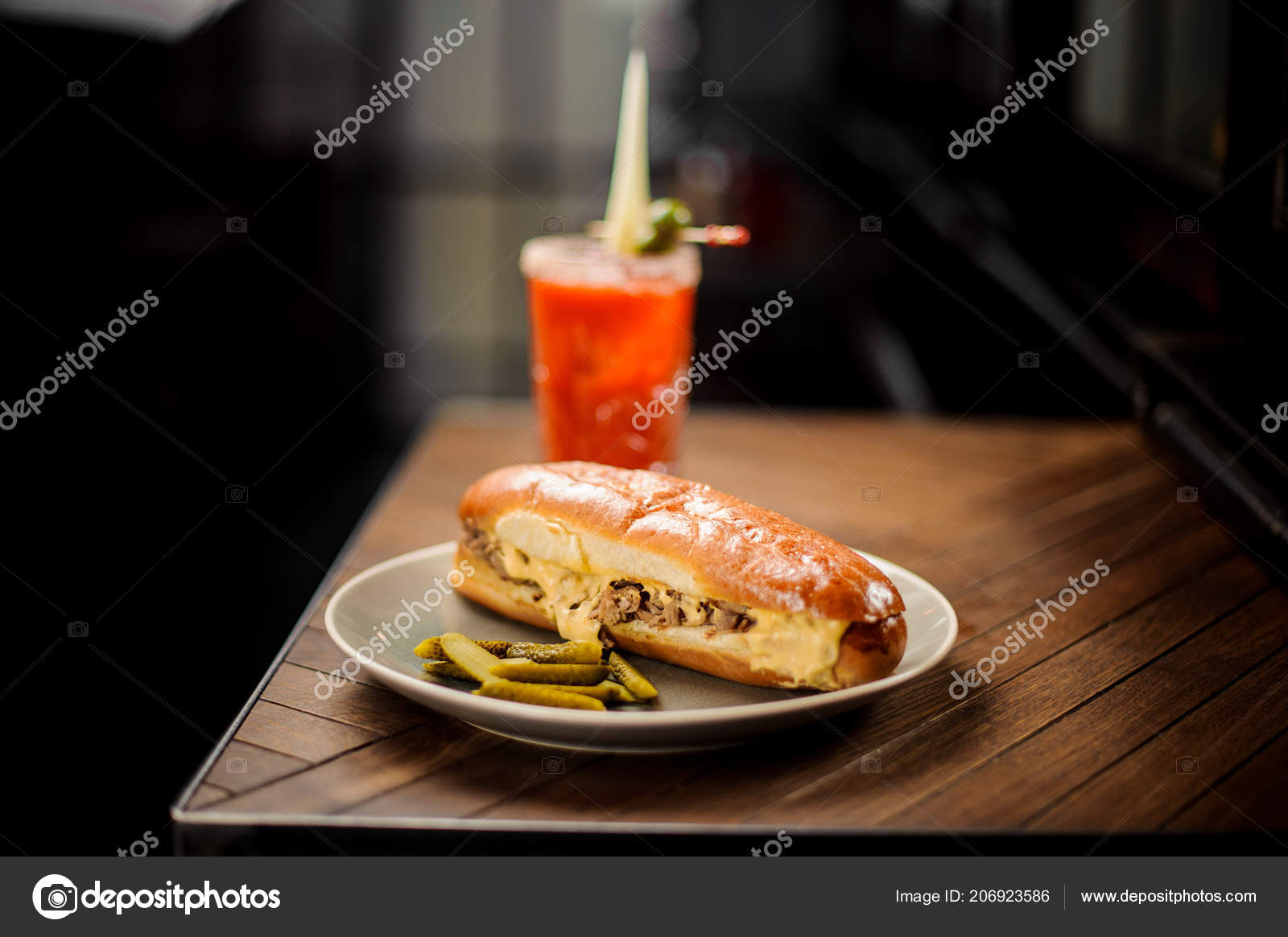 Sandwich Meat Cheese Sause White Plate Blurred Background Red Cocktail ...