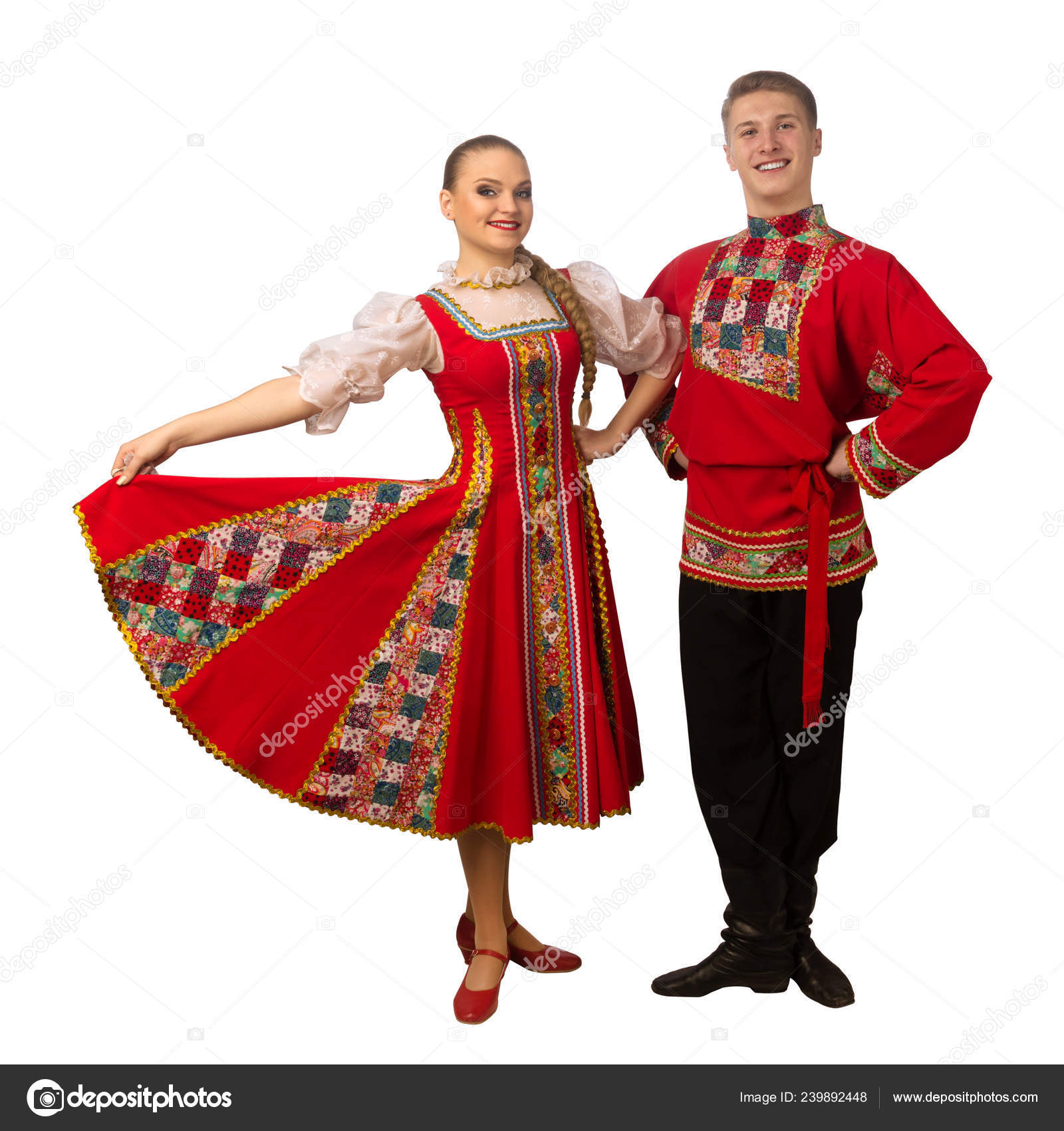 Beautiful Caucasian Couple Dancing Russian Folk Costumes Isolated White ...