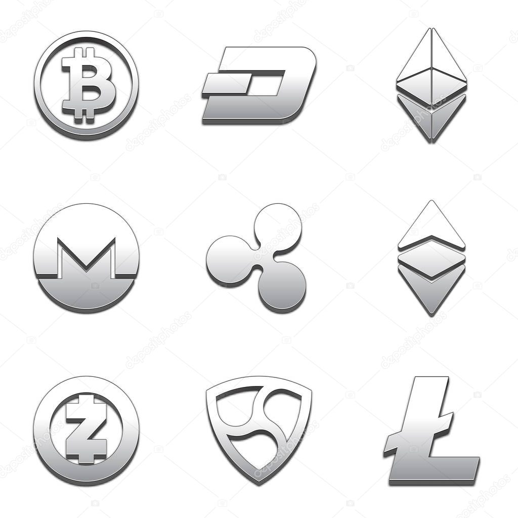 Plata cripto moneda símbolo vector aislado conjunto de iconos ...
