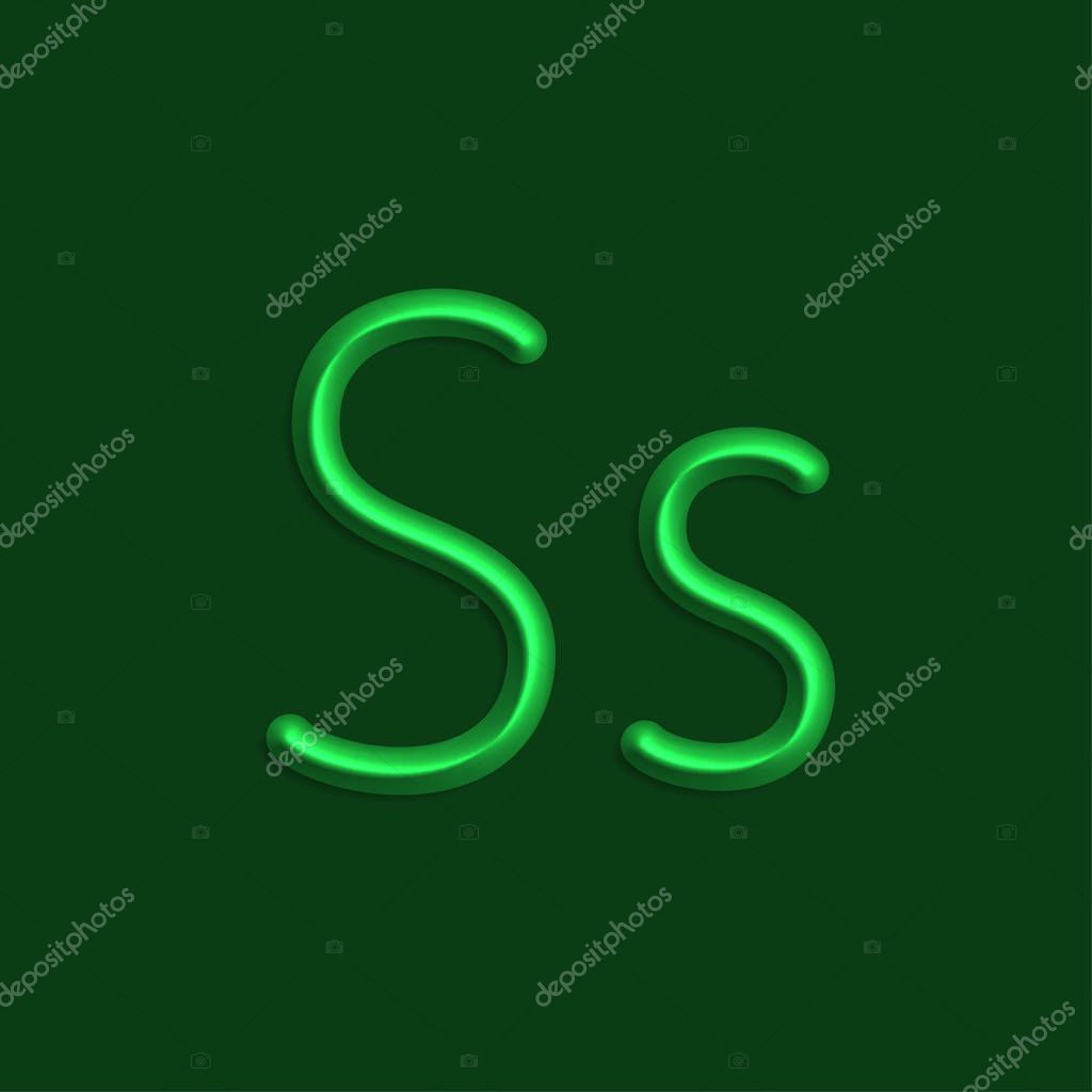 Alfabeto S letras de luces de color verde, línea 3d con sombra suave 2023