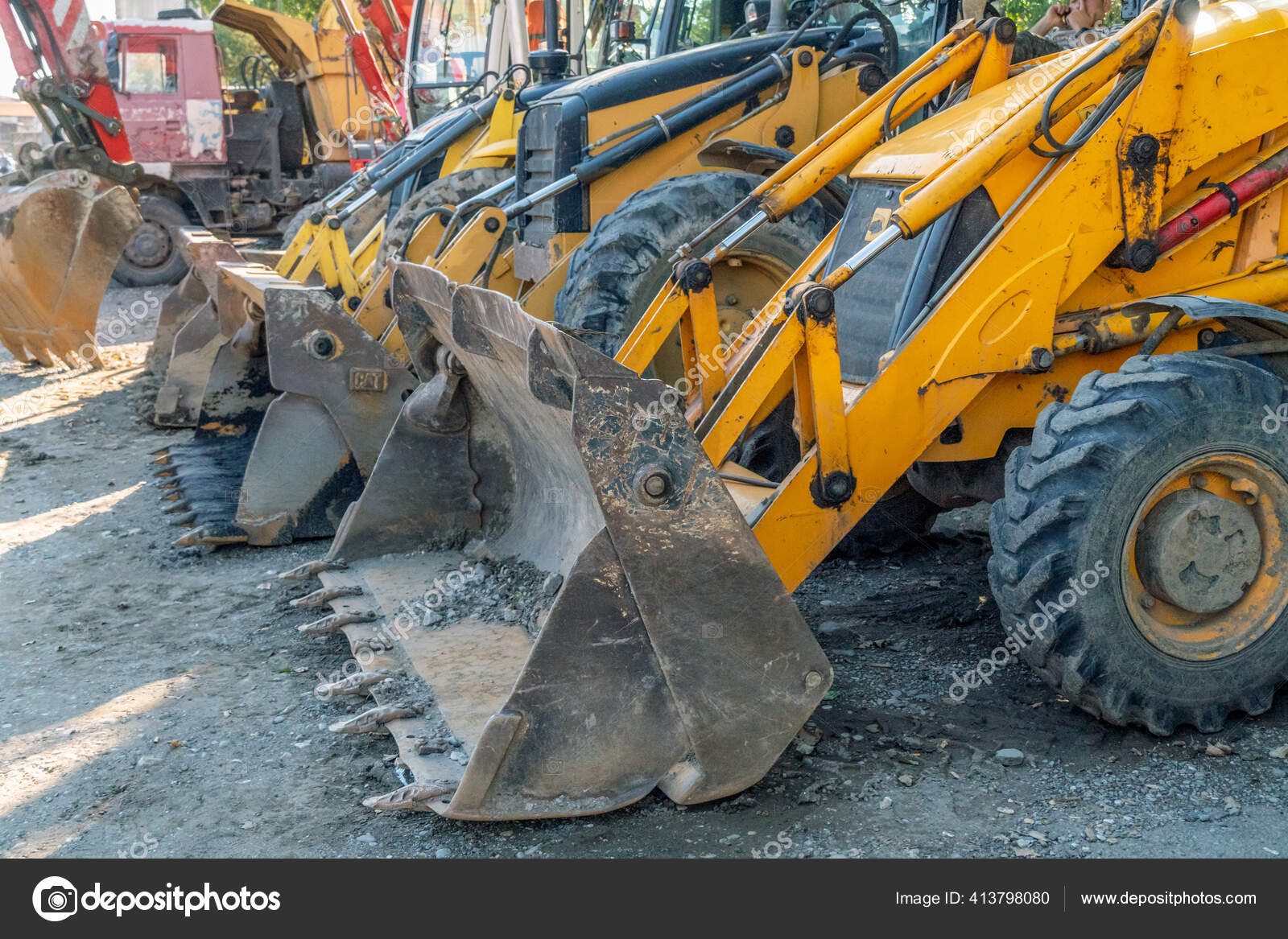 Several Close Bulldozer Buckets Row Sunny Weather — Stock Photo ...