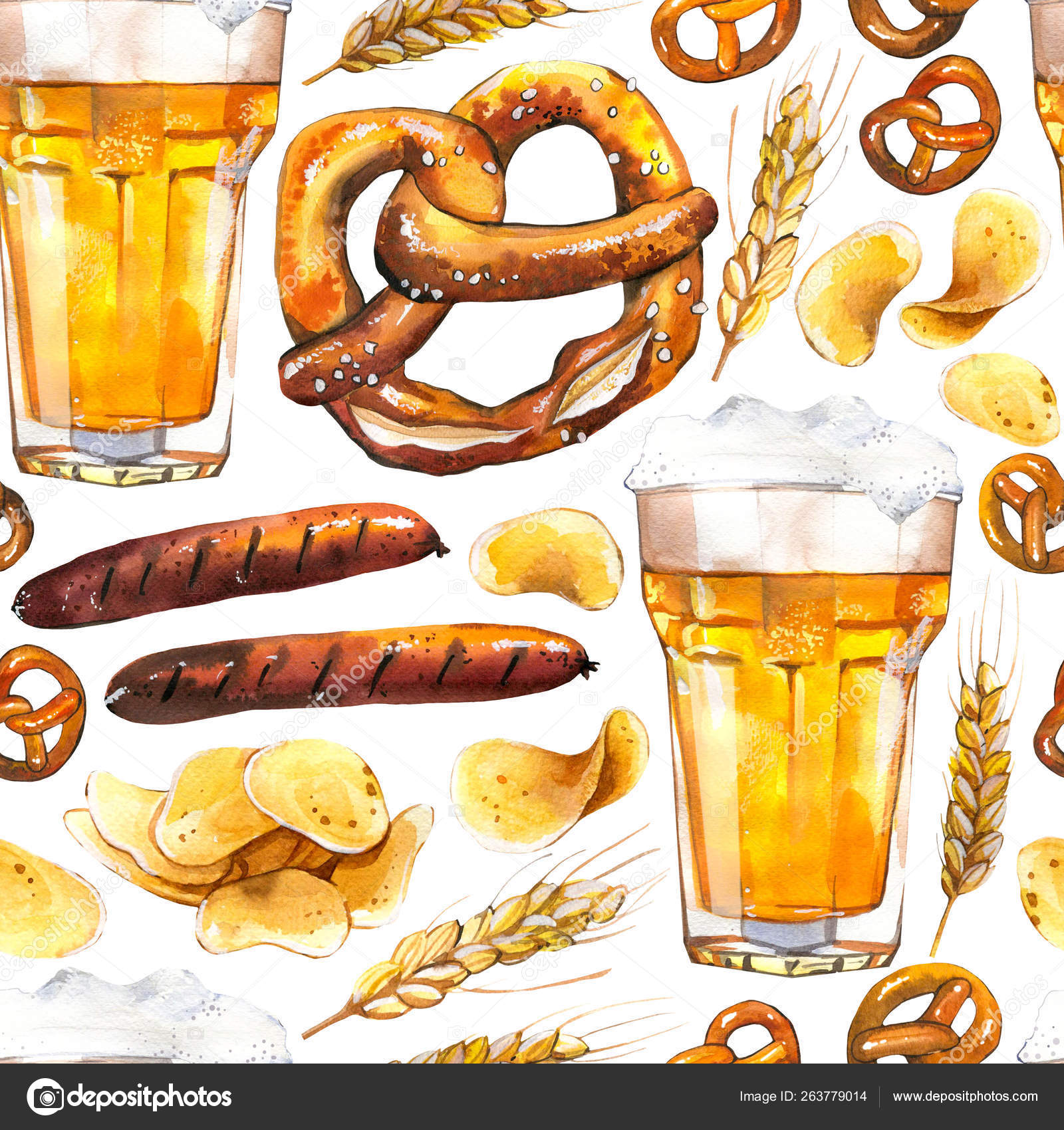 Seamless background with beer and snacks in watercolor style ...