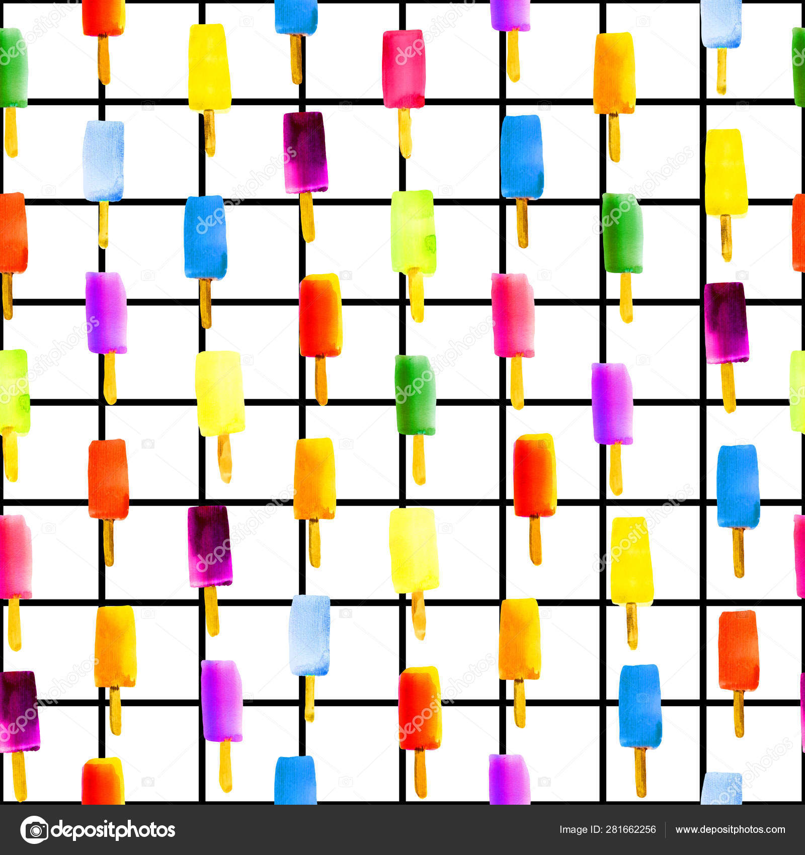 Illustration with ice pop. Colorful watercolor seamless pattern with ...