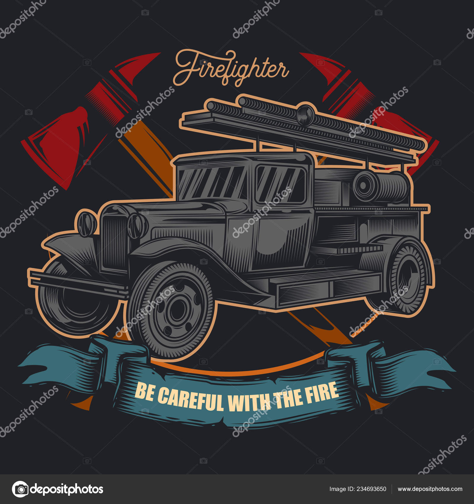 Vector Emblem Fire Truck Background Fire Axes Blue Ribbon Illustration ...