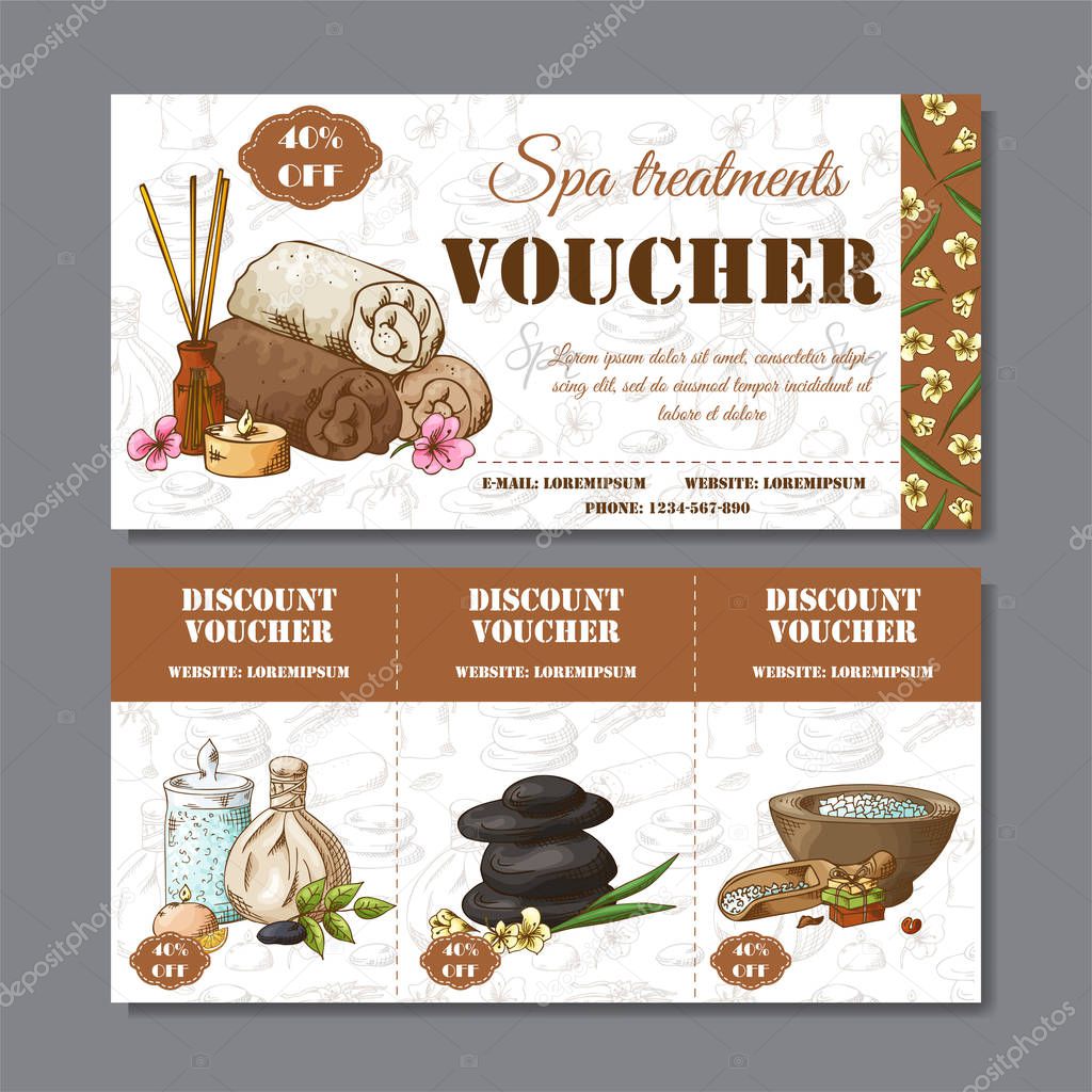 Plantilla de bono regalo con elementos de spa en estilo dibujado a mano ...