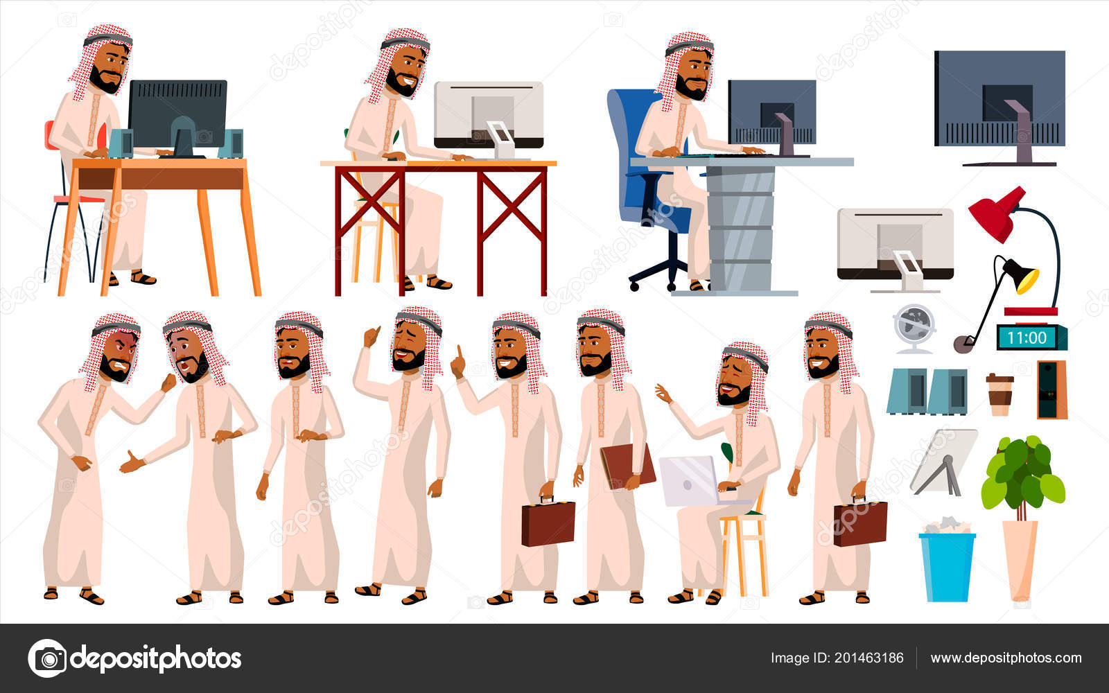 Arab Man Office Worker Vector. Arab, Muslim. Business Set. Facial ...