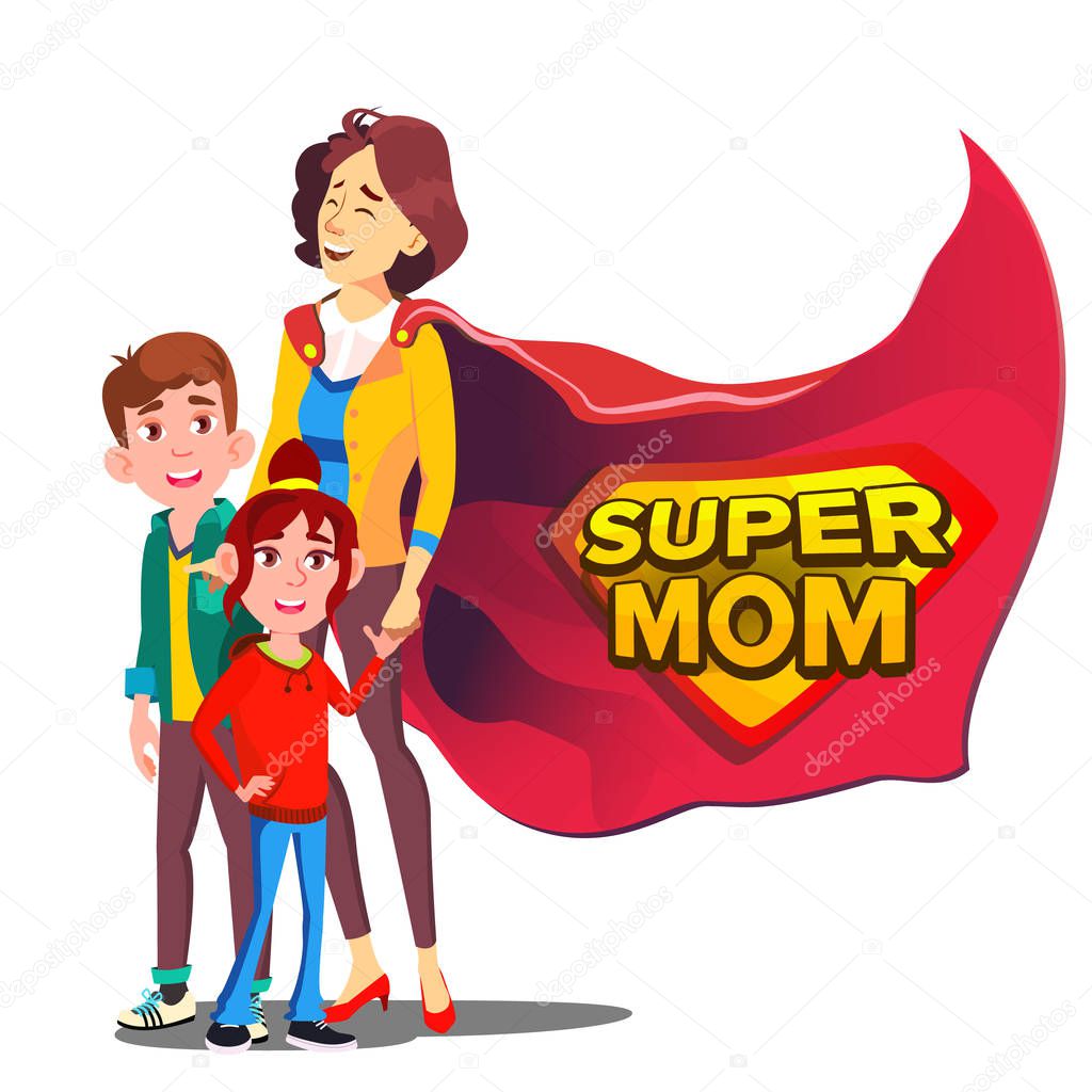 Super mamá Vector. Madre como súper héroe con hijos. Ilustración de ...