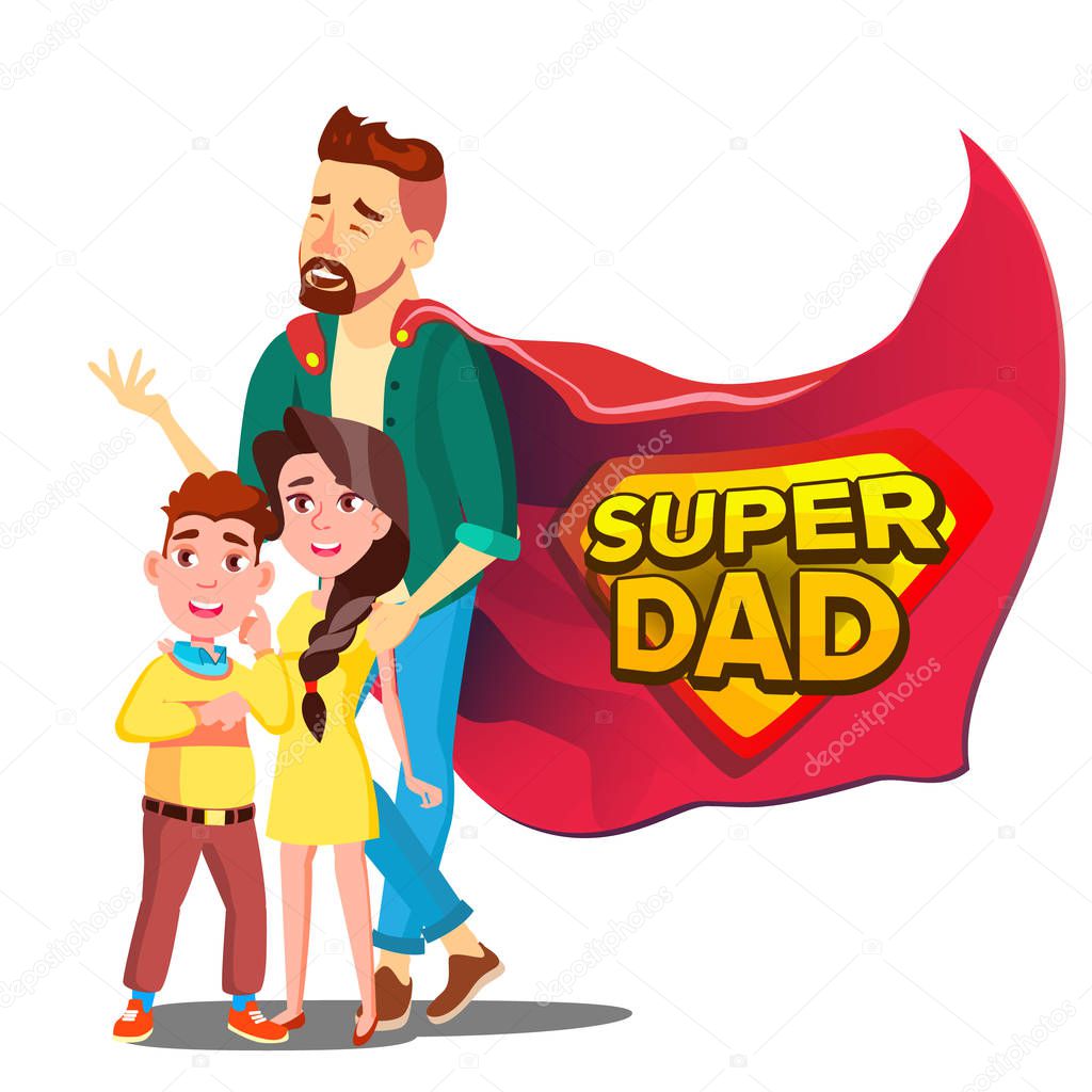 Super pap Vector. Papi como superh roe con ni os. Ilustraci n de dibujos animados plana aislada 2024