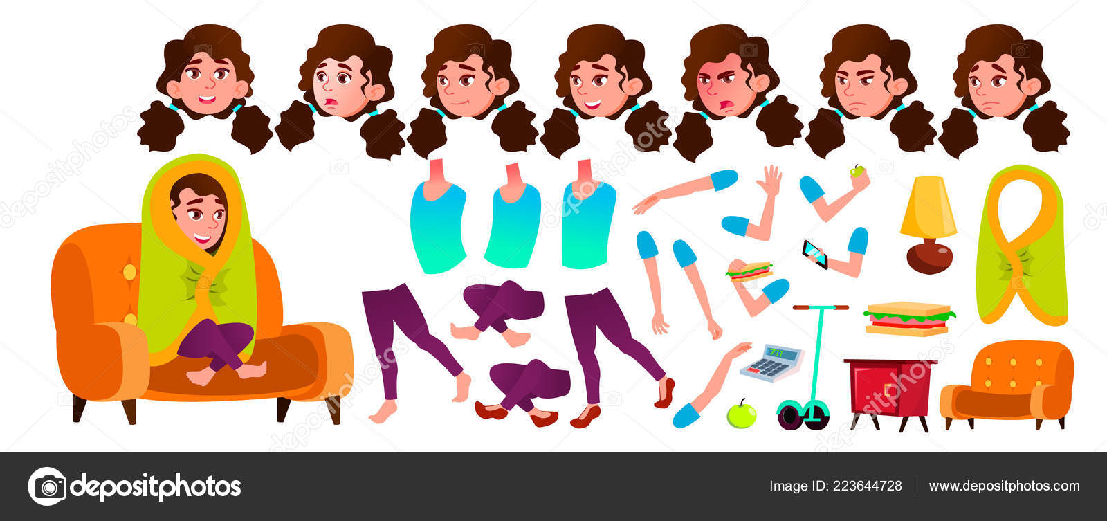 Girl Schoolgirl Kid Vector. High School Child. Animation Creation Set ...